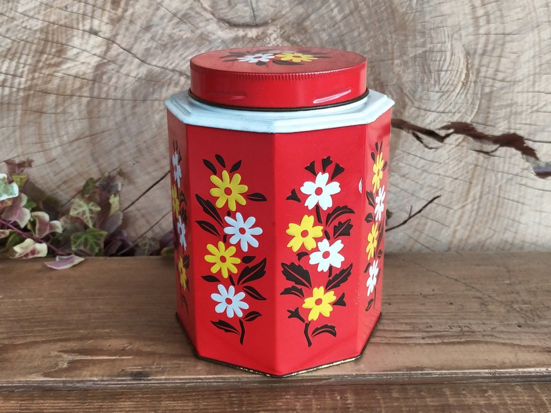 Vintage Red Octagonal Tin Container With Embossed Flowers Made in Great ...