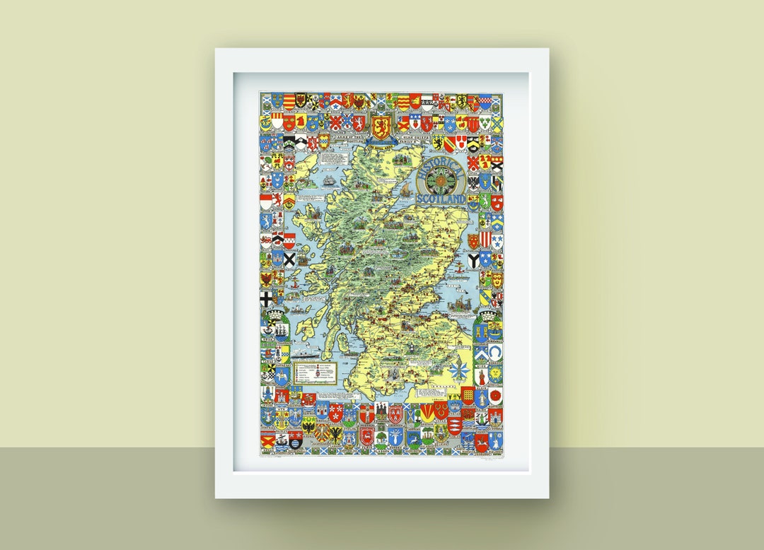 Vintage Scotland Map Circa 1962, Illustrated With Scottish Families and ...