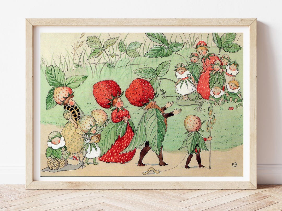 Elsa Beskow Poster, the Strawberry Family, Swedish Fairycore Art ...