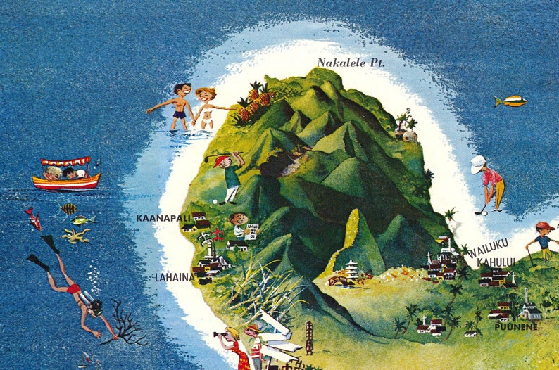 Vintage Hawaiian Island Map of Maui, by Ray Lanterman Circa 1962 ...