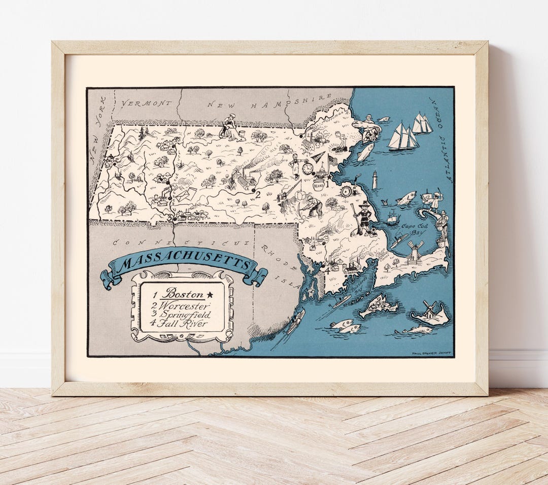 Vintage Massachusetts Map, Eastern Seaboard, Massachusetts Decor ...