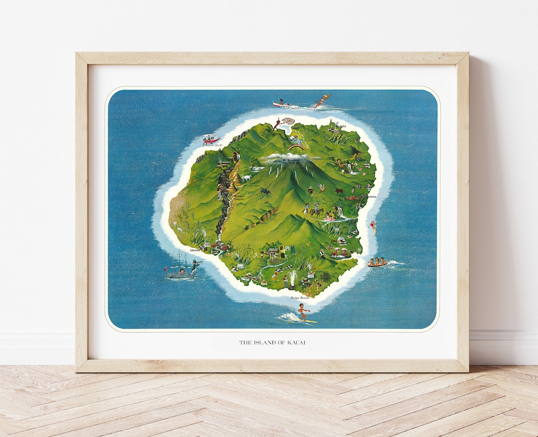 Vintage Hawaiian Island Map of Kauai, by Ray Lanterman Circa 1962 ...
