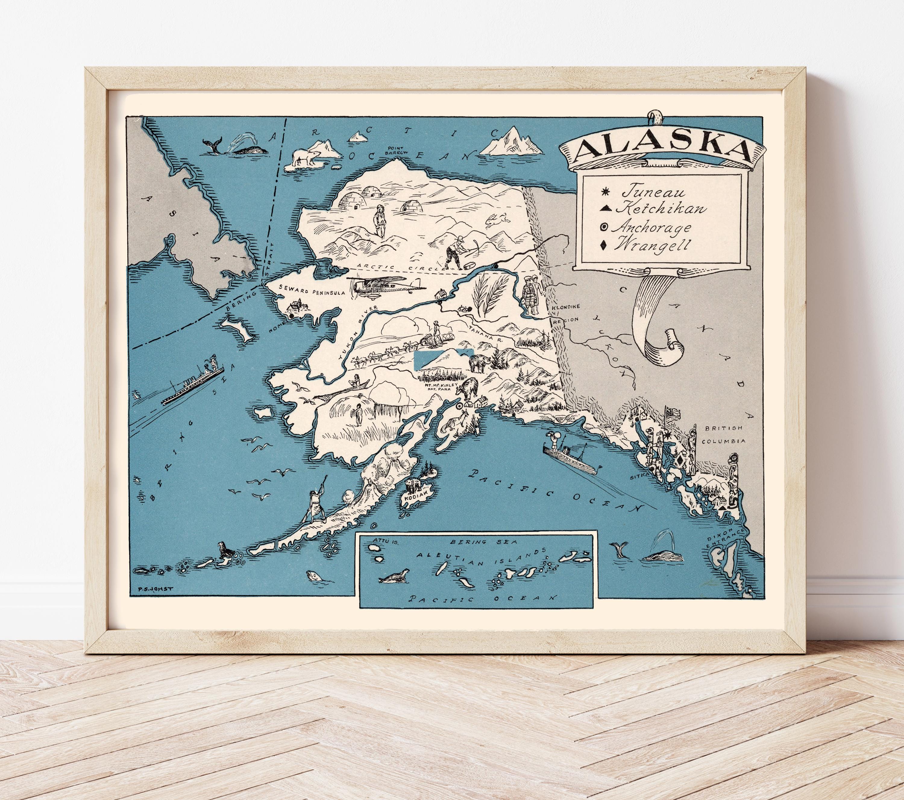 Vintage Alaska Map, Juneau Map, Anchorage Map, Americana History Circa ...