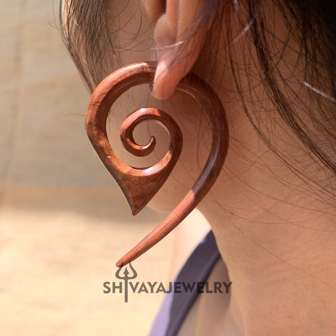 Long Spiral Fake Gauge Earrings, Wood Post Earrings, Hand Carved ...