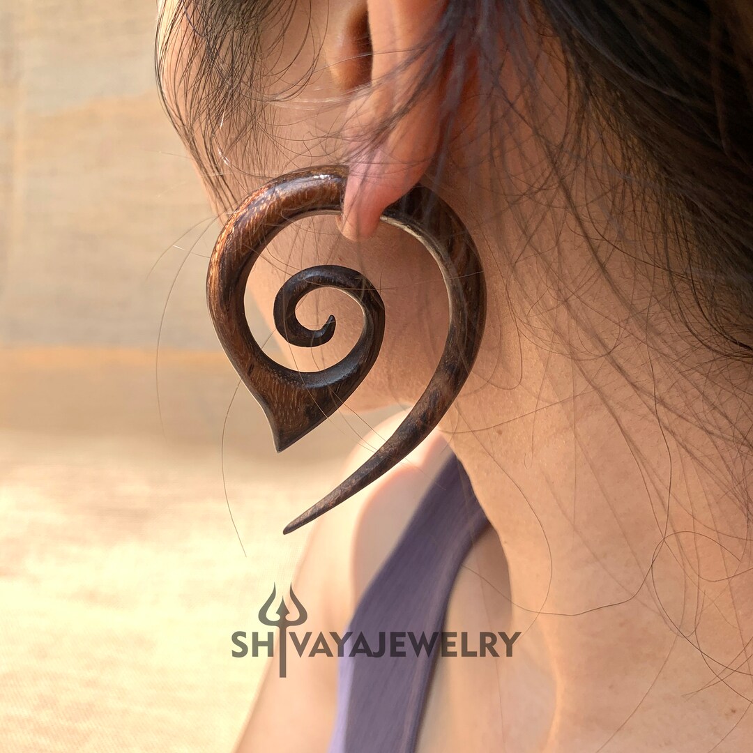 Long Spiral Fake Gauge Earrings, Wood Post Earrings, Hand Carved ...