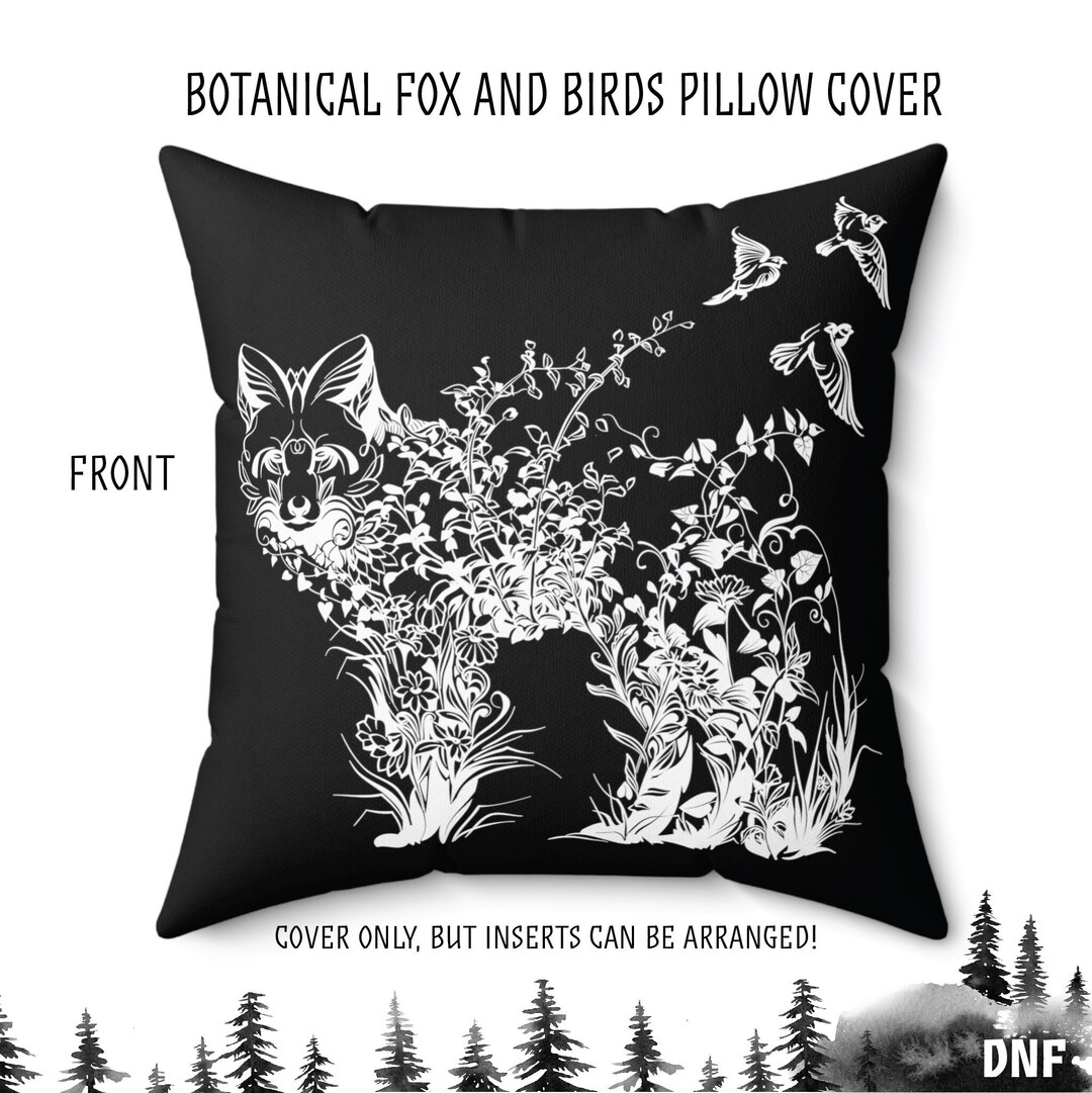 Black and White Fox Botanical Vegan Suede Pillowcase Fox Pillowcase Fox ...