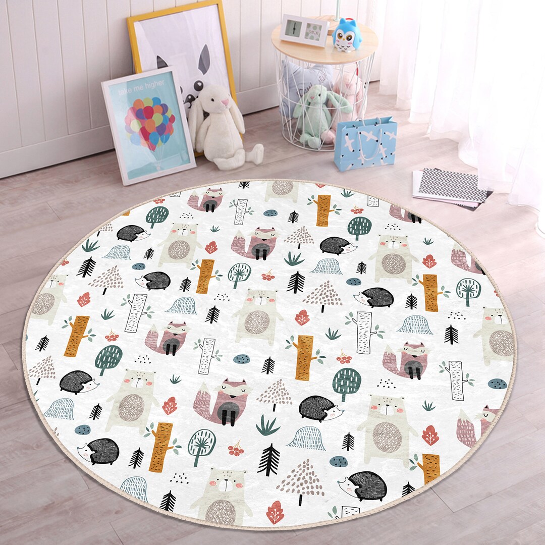 Hedgehog Nursery Rugforest Playmat for Kids Roomwoodland Toddler Round ...