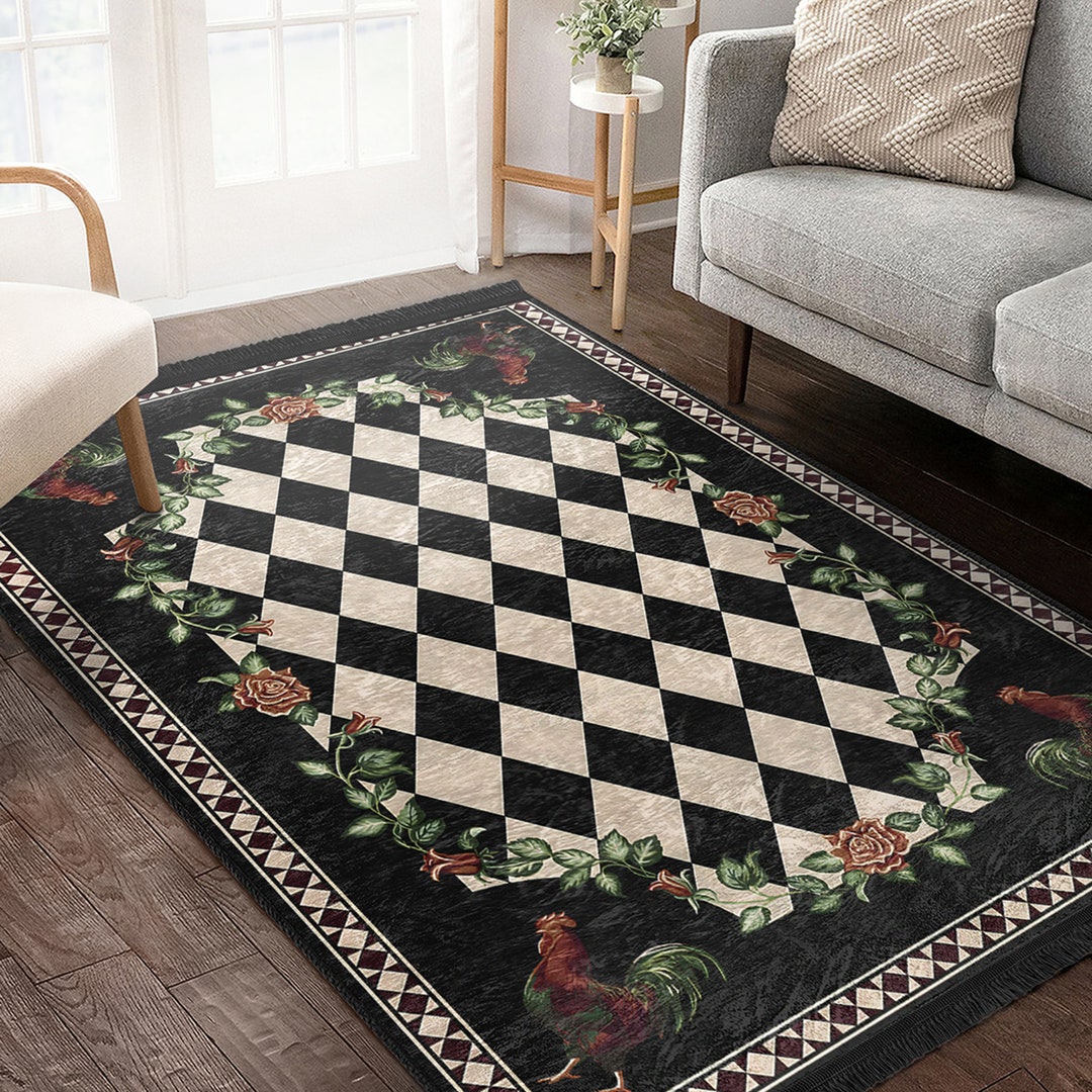 Rooster Area Rugblack Farmhouse Runnerdiamond Non Slip Carpetargyle ...