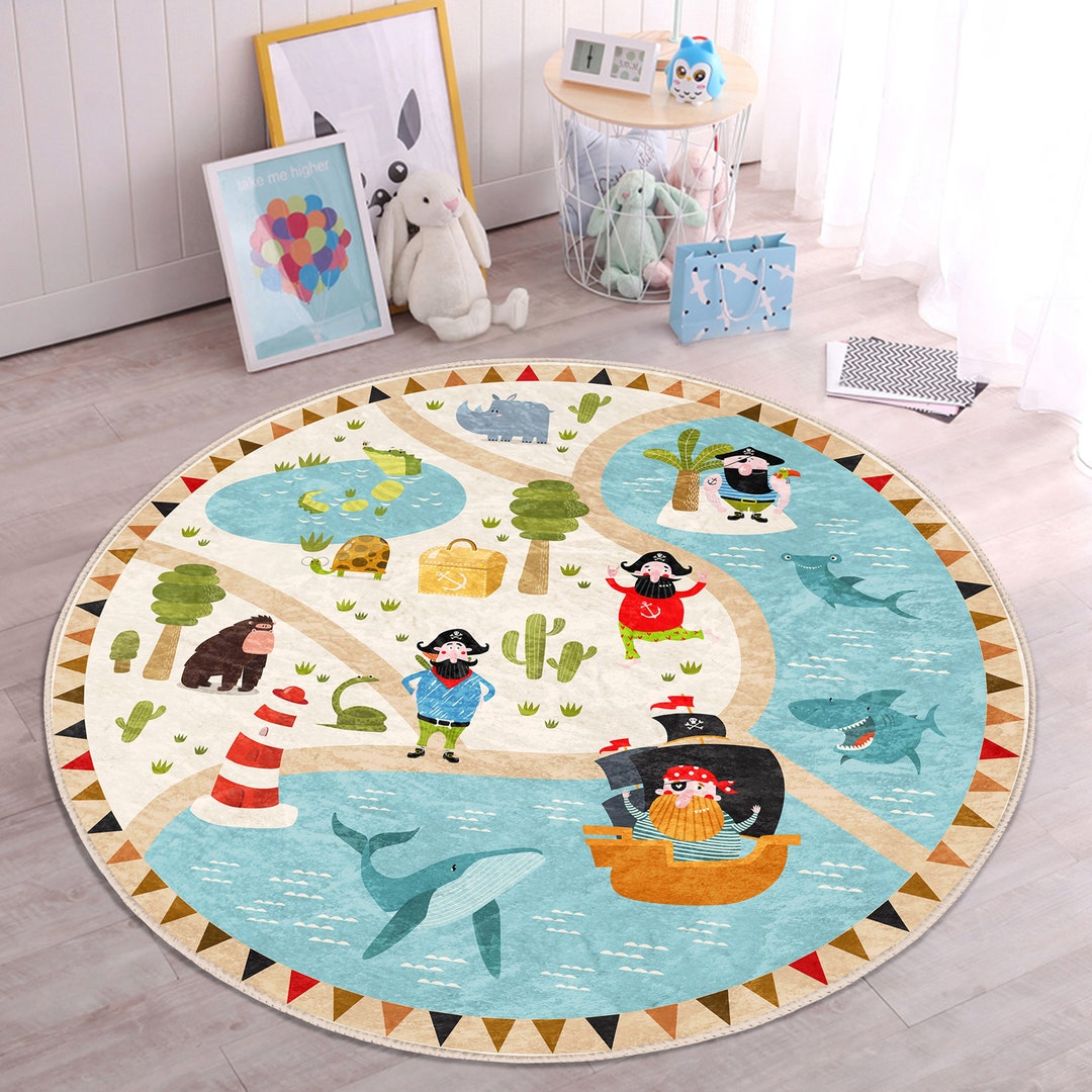 Pirate Nursery Rugtreasure Playmat for Kids Roomshark Toddler Round ...