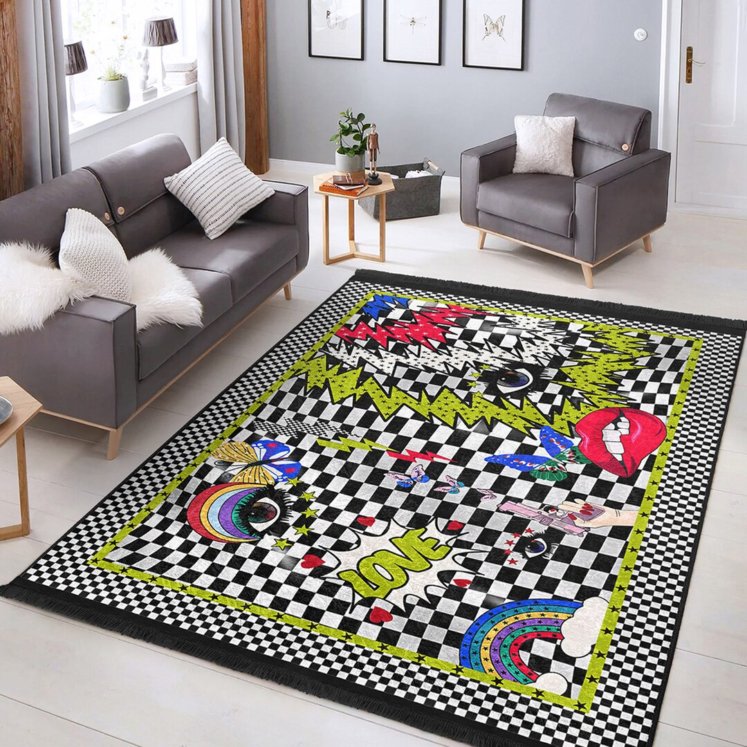 Iconic Pop Art Area Rugblack Check Runnerstreet Art Non Slip ...