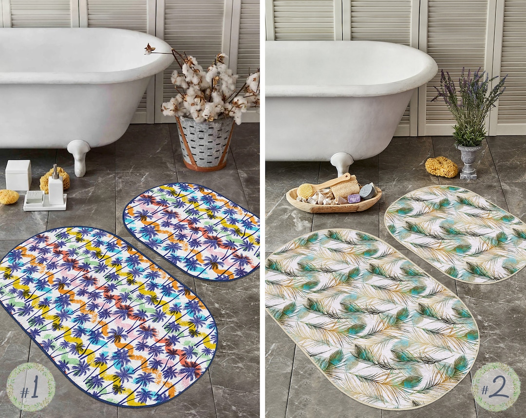 Palm Tree Bath Rug Setzigzag Anti Slip Floor Matfeather Blue - Etsy