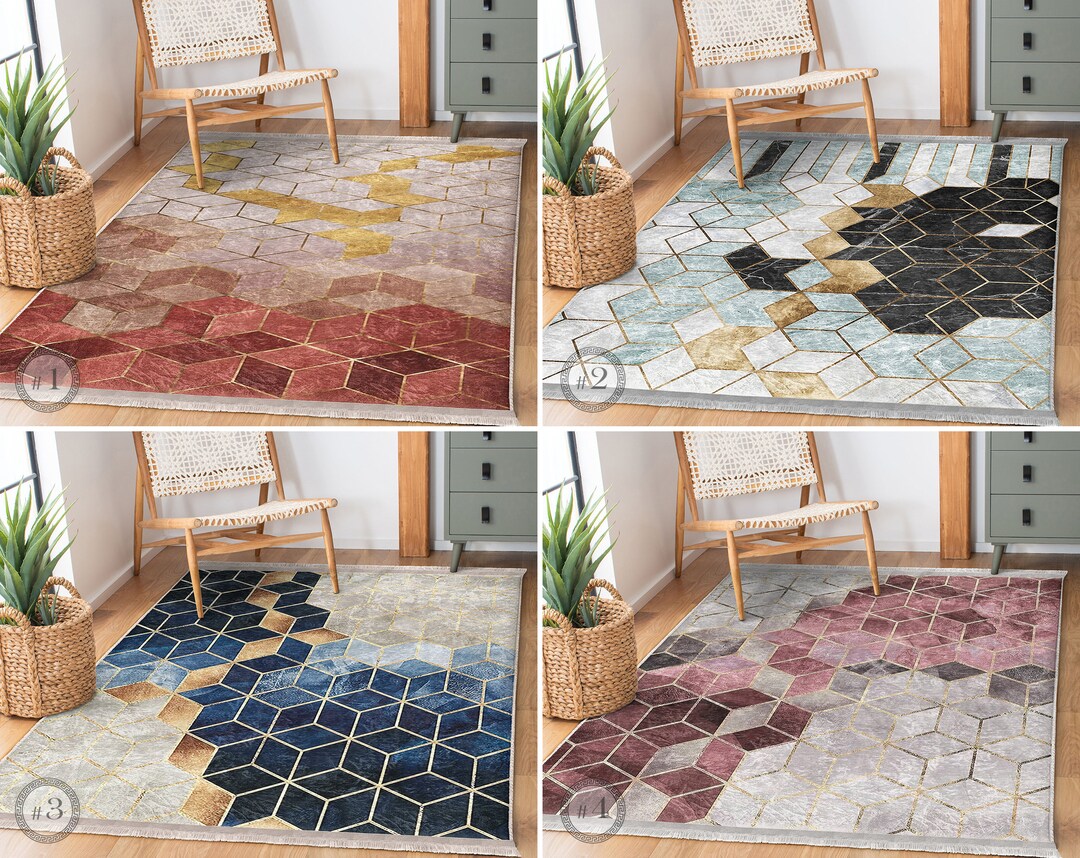 Isometric Cube Area Rug Blue Realistic Carpet Geometric Anti Slip Rug ...