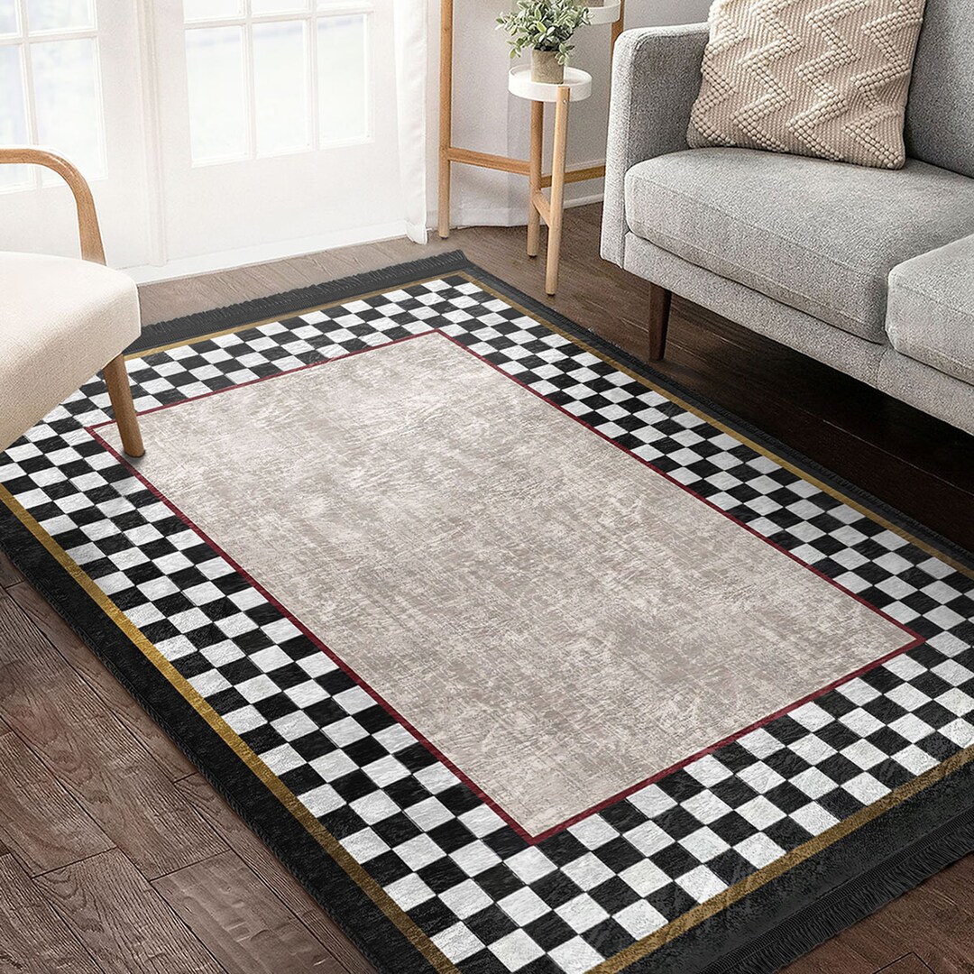 Faded Pattern Area Rugblack Gold Frame Runnerchessboard Non Slip ...