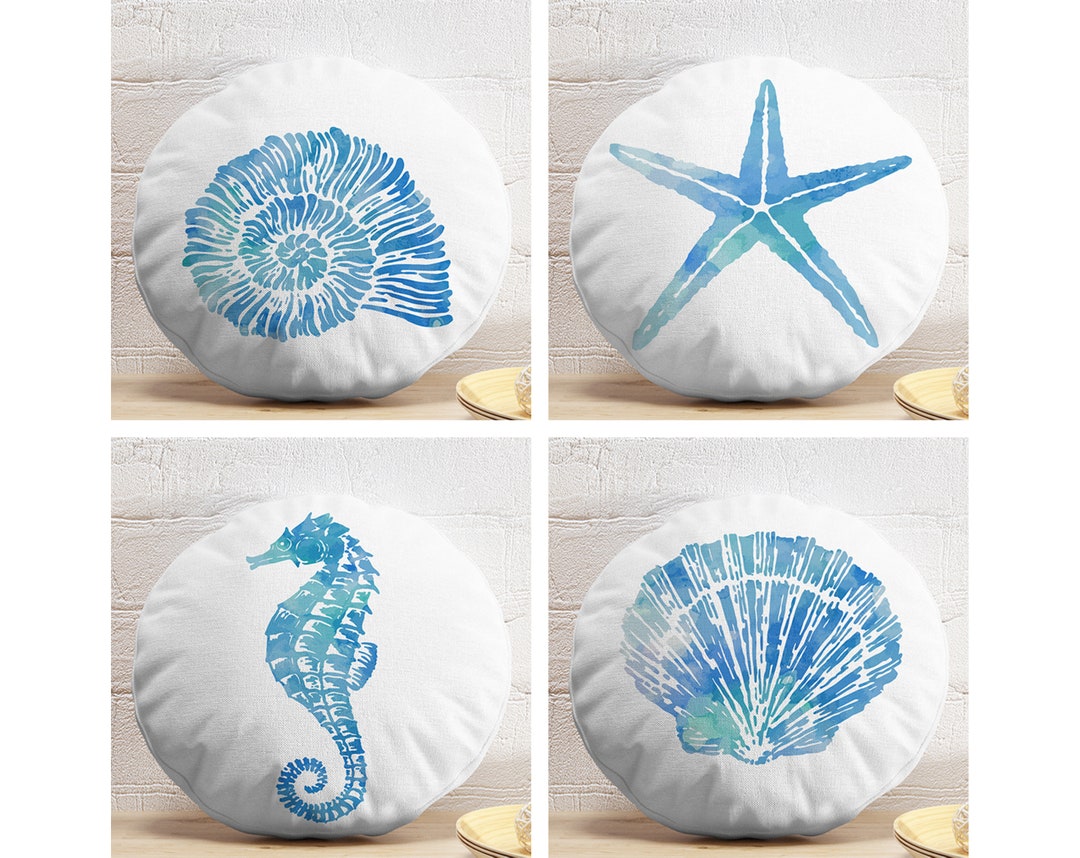 Set of 4 Sea Creature Snail Round Pillow Covers Shell Seahorse Decor ...