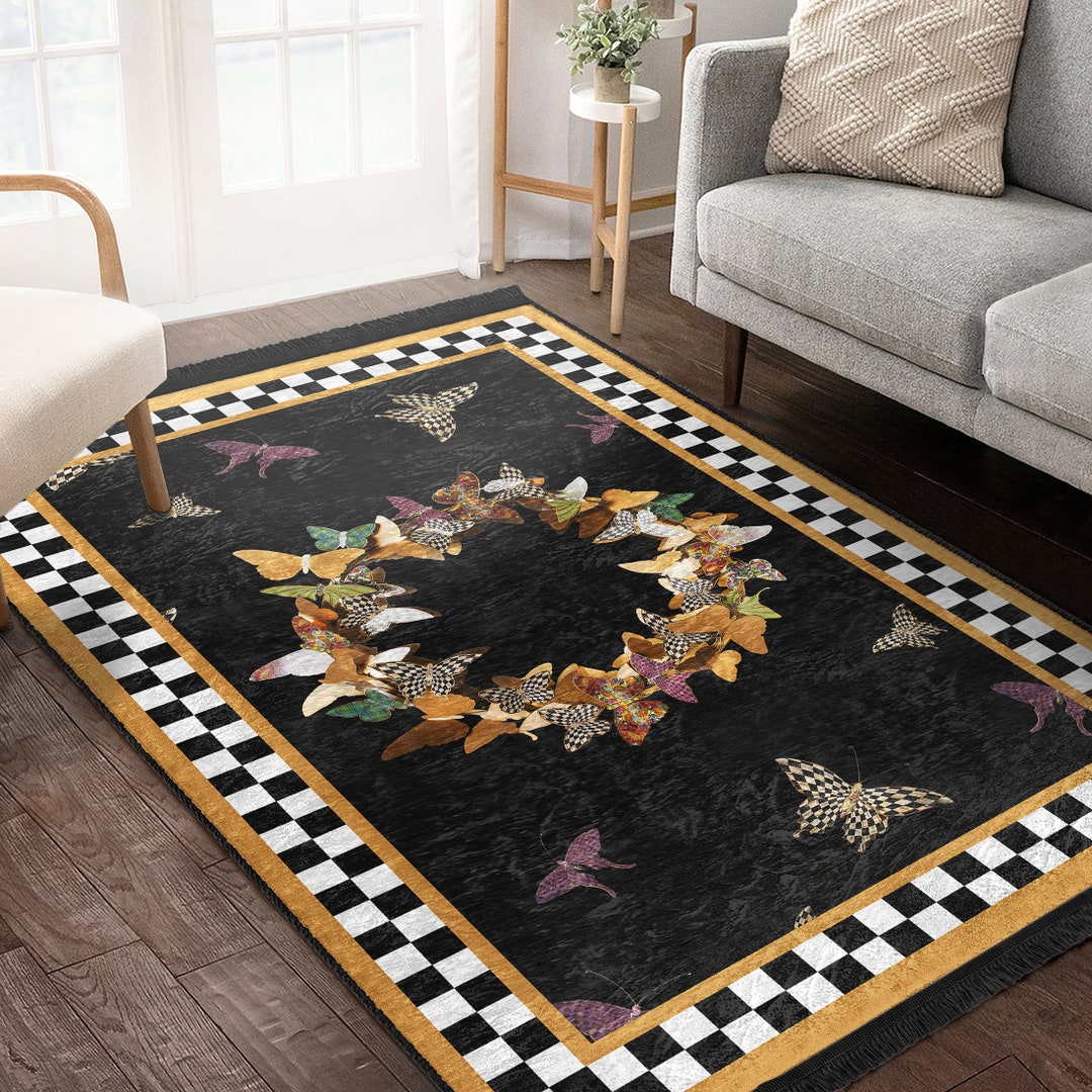 Check Area Rug-black Floral Carpet-traditional Anti Slip Rug-retro ...