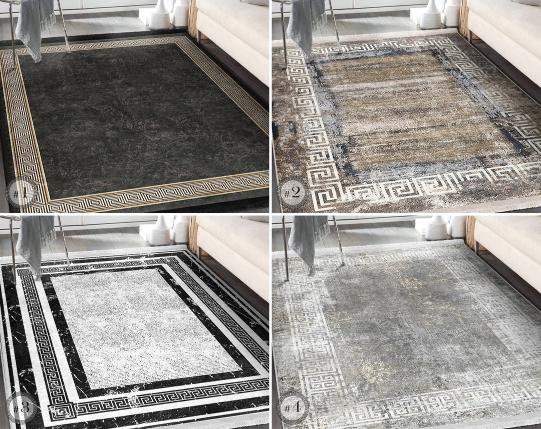 Meander Area Rug Black Greek Key Carpet Bordered Anti Slip Rug ...