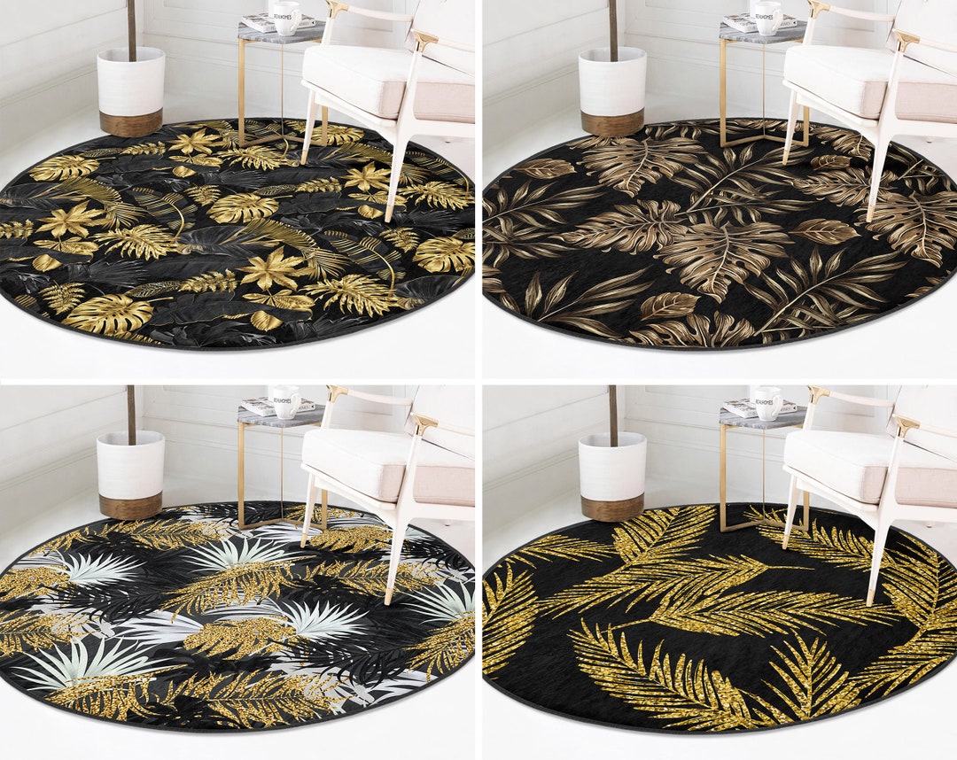 Realhomes Gold Round Rugtropical Leaf Floor Carpetmonstera Non Slip ...