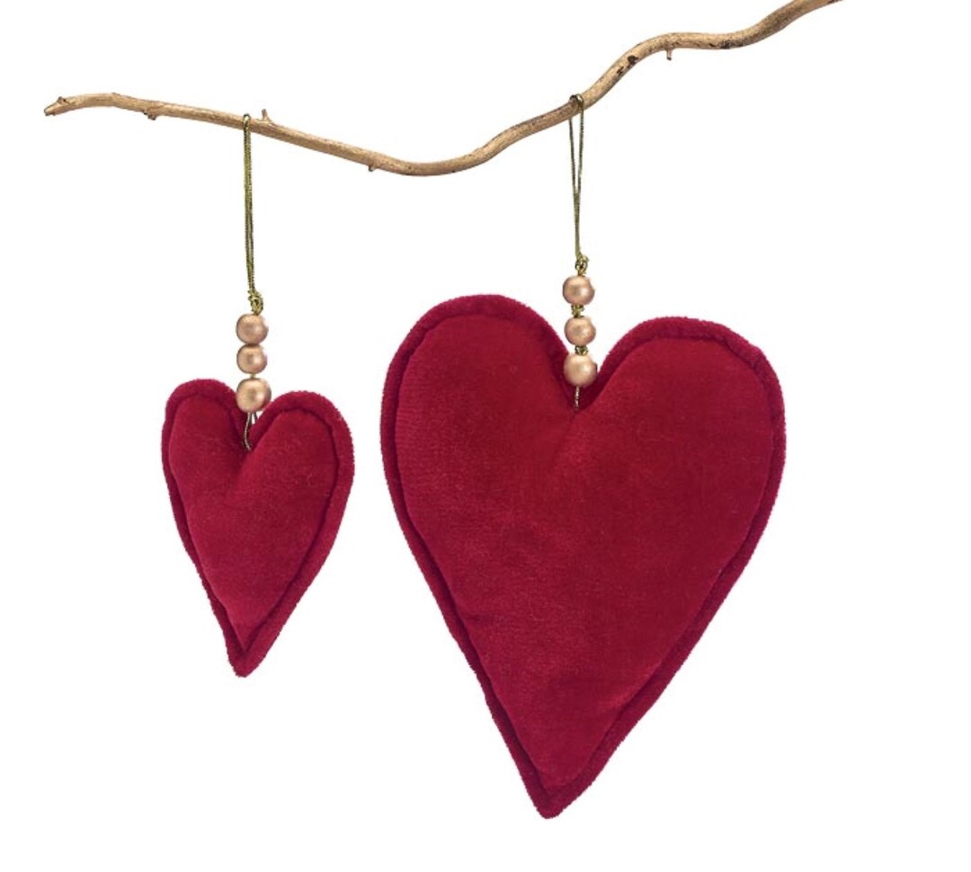 Red Velvet Heart Ornament With Gold Wood Beads - Etsy