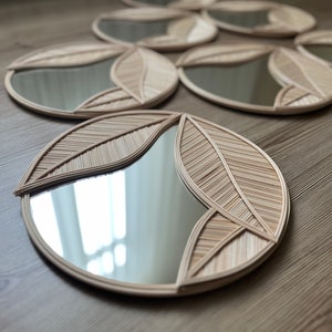 Rattan Tropical Leaf Texture Mirror, Round Mirror, Leaf Design Mirror ...