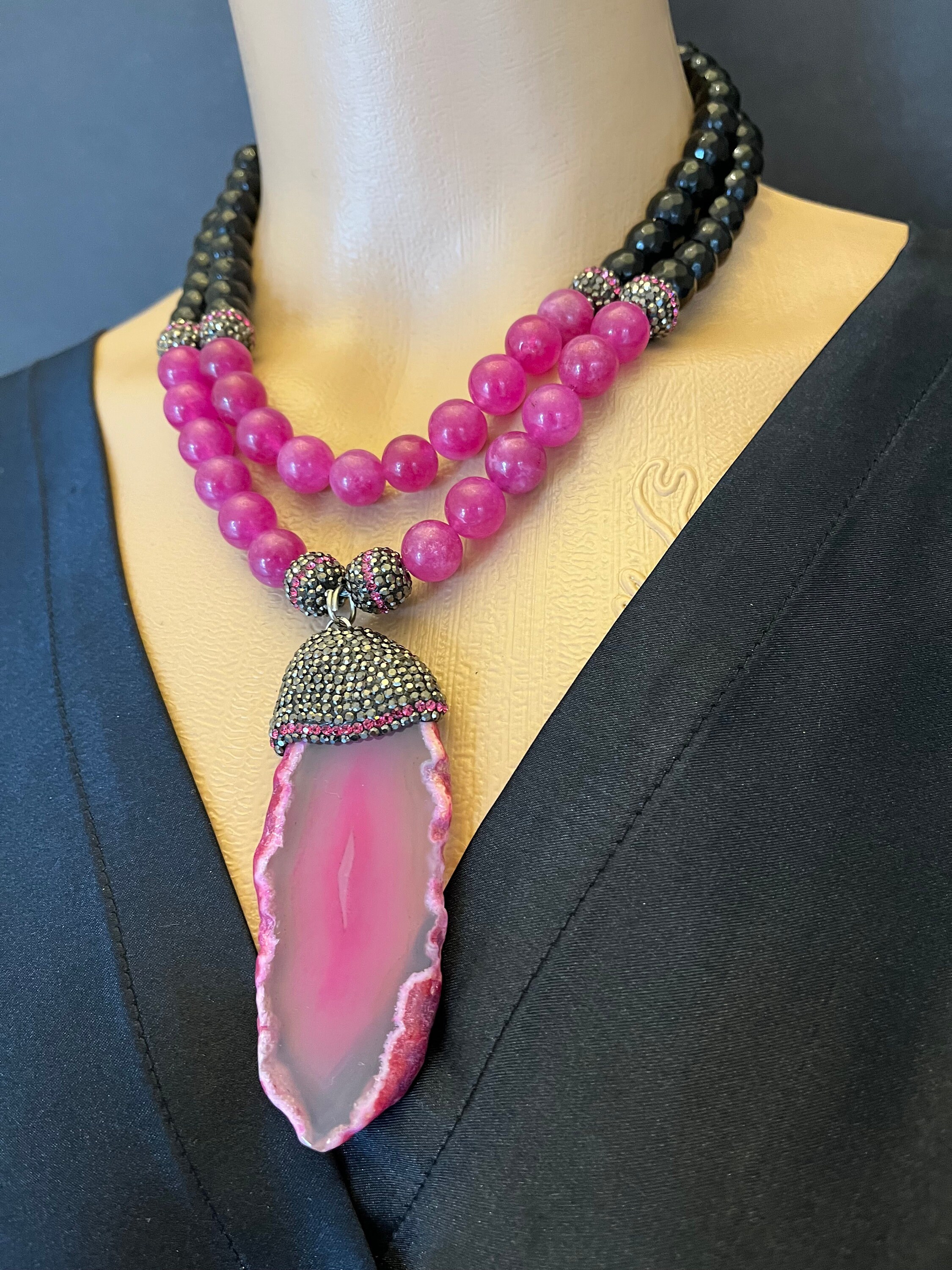 Chunky Fuchsia Jade Stone and Black Onyx Stone Necklace,oversized ...