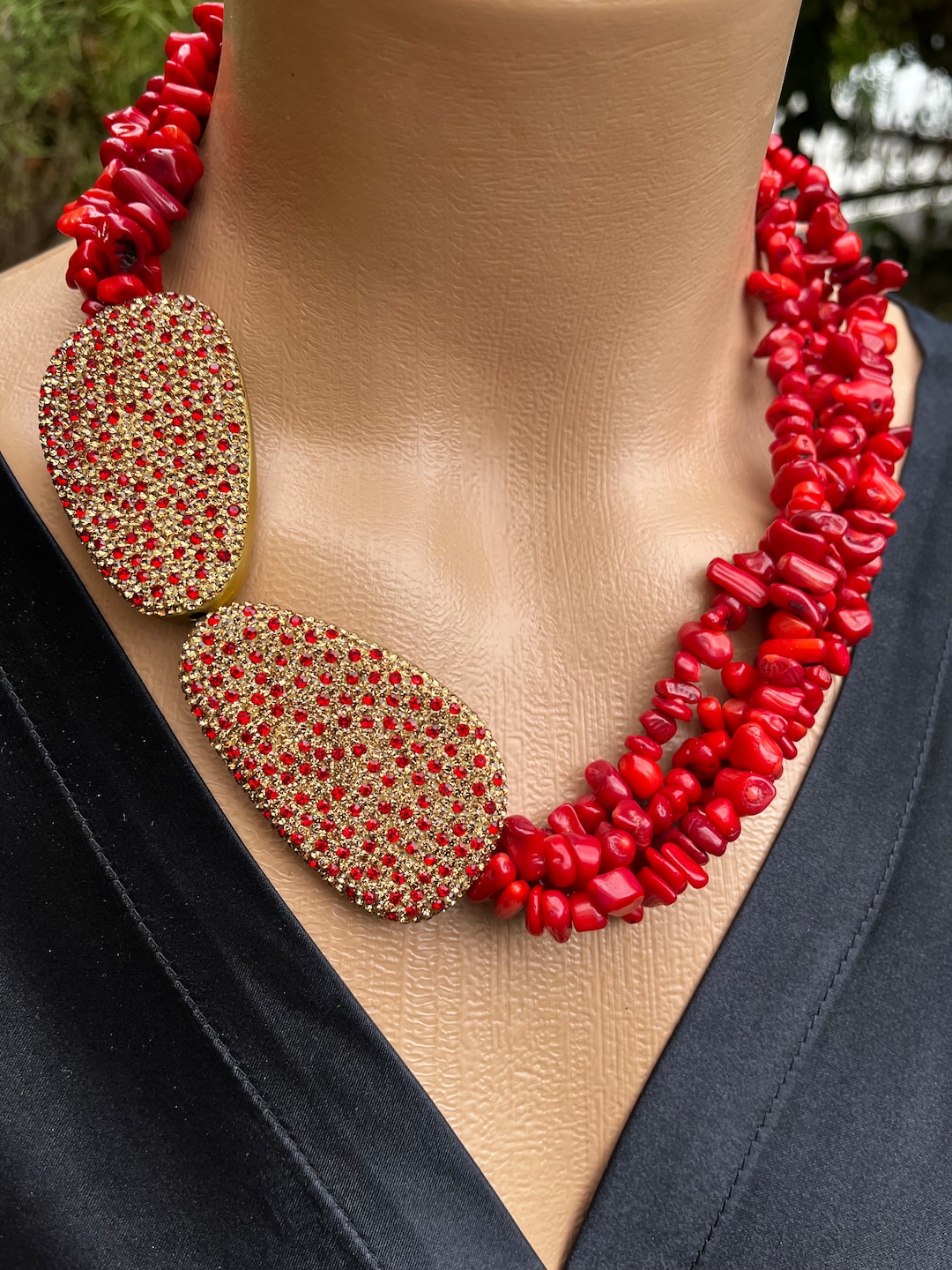 Coral Stone Sparkle Zircon Elegant Necklace,chunky Coral Stone Necklace ...