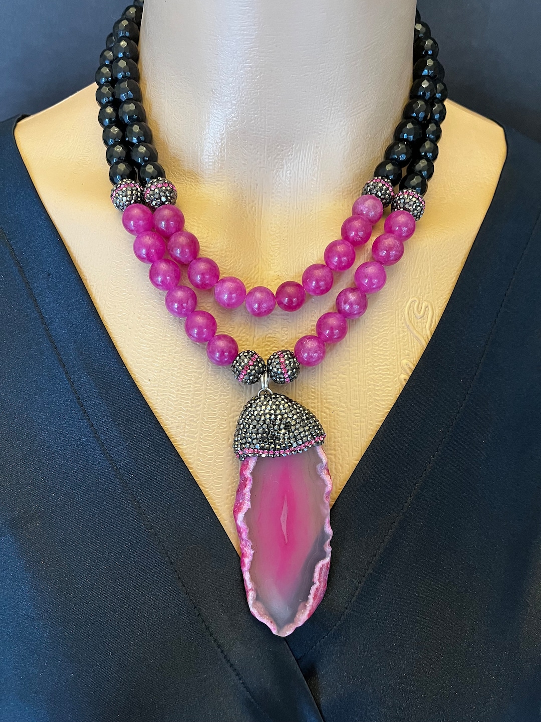 Chunky Fuchsia Jade Stone and Black Onyx Stone Necklace,oversized ...