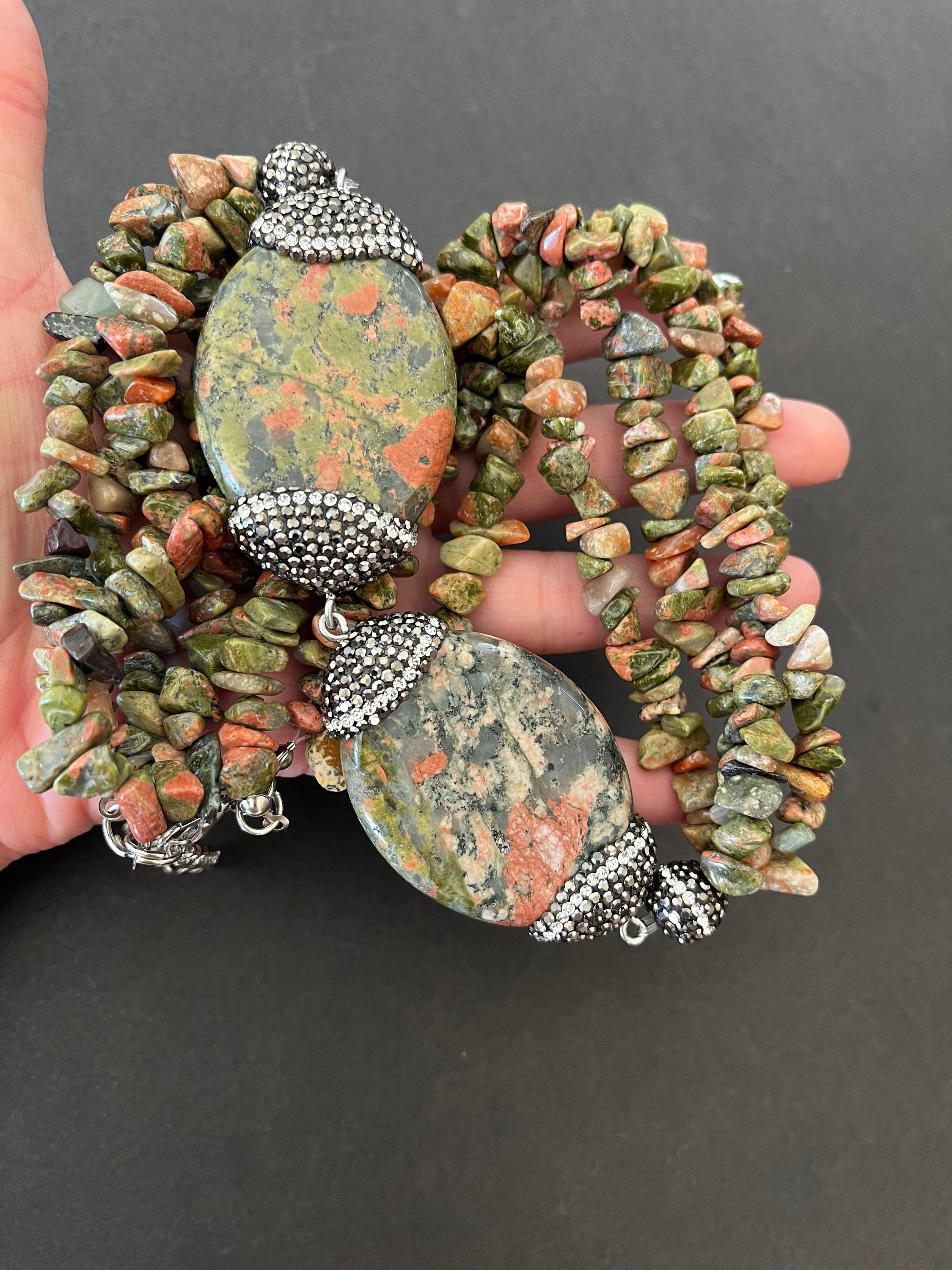 Multistrand Unakite Stone Big Bold Necklace,chunky Gemstone Handmade ...