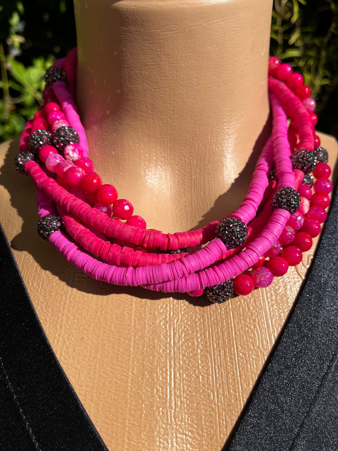 Chunky Necklace,fuchsia Agate Stone and Fimo Bead Multistrand Necklace ...