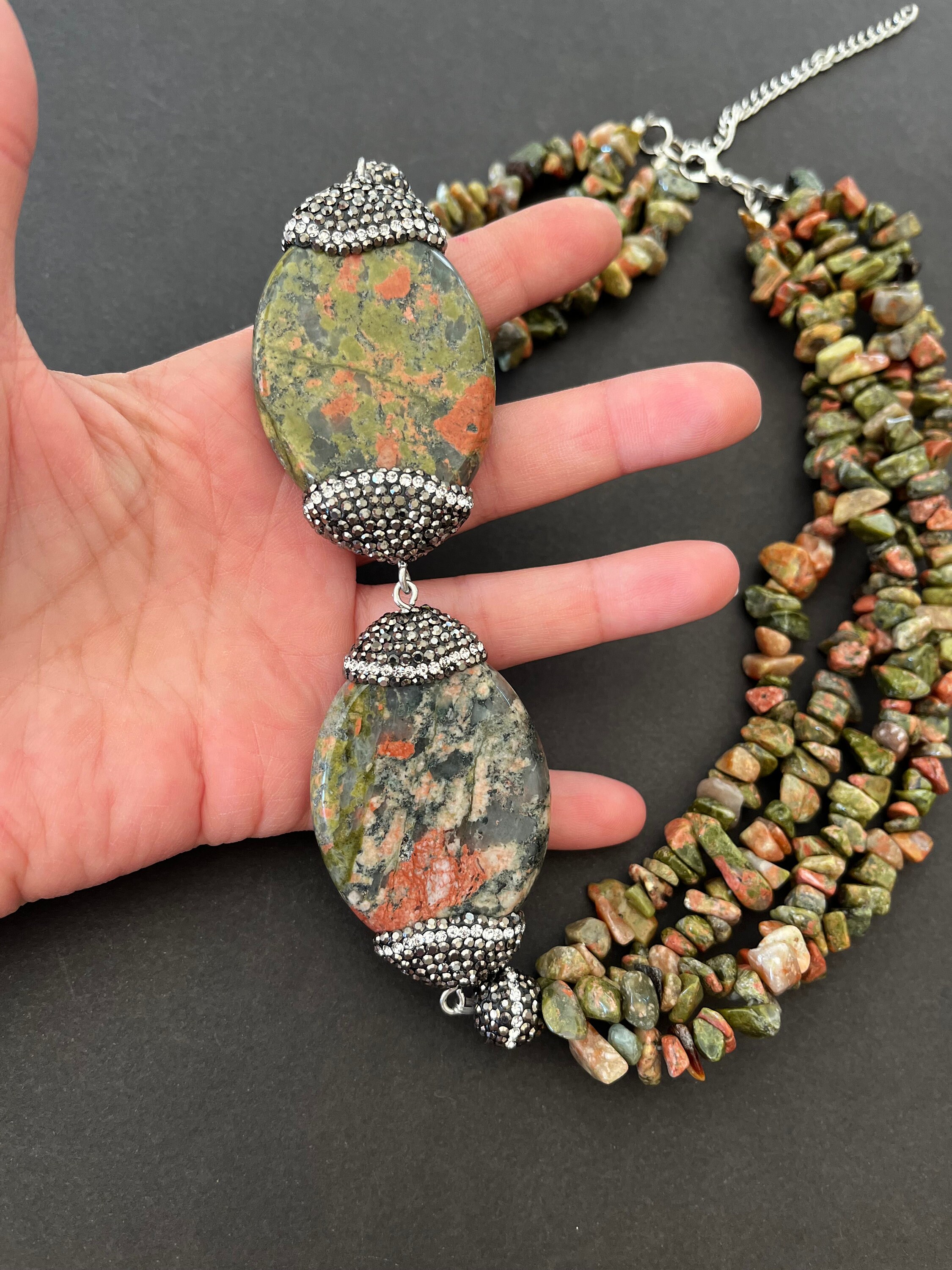 Multistrand Unakite Stone Big Bold Necklace,chunky Gemstone Handmade ...