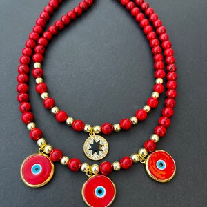 Red Howlite Stone Evil Eye Pendant Two Strand Necklace,statement ...