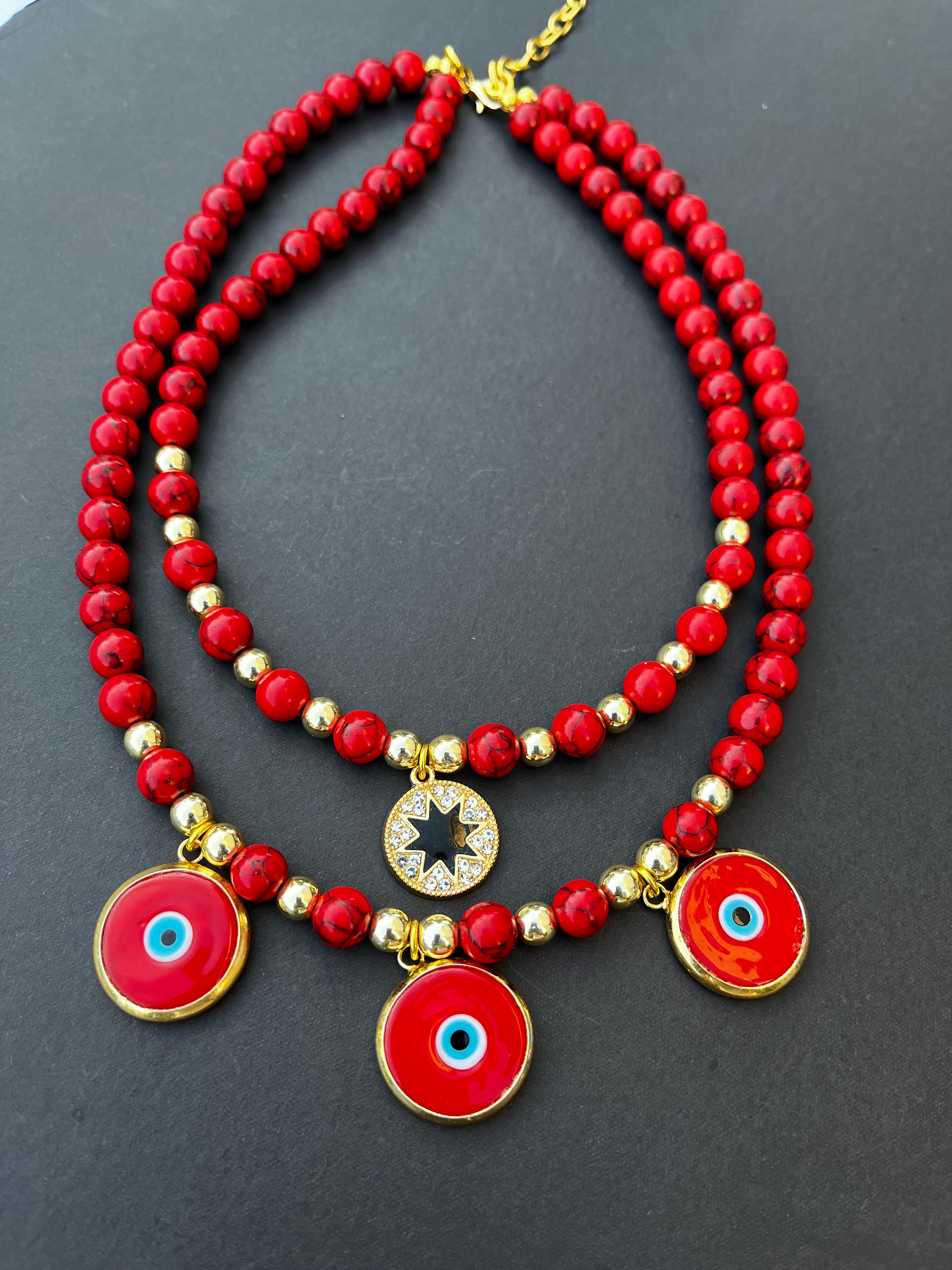 Red Howlite Stone Evil Eye Pendant Two Strand Necklace,statement ...