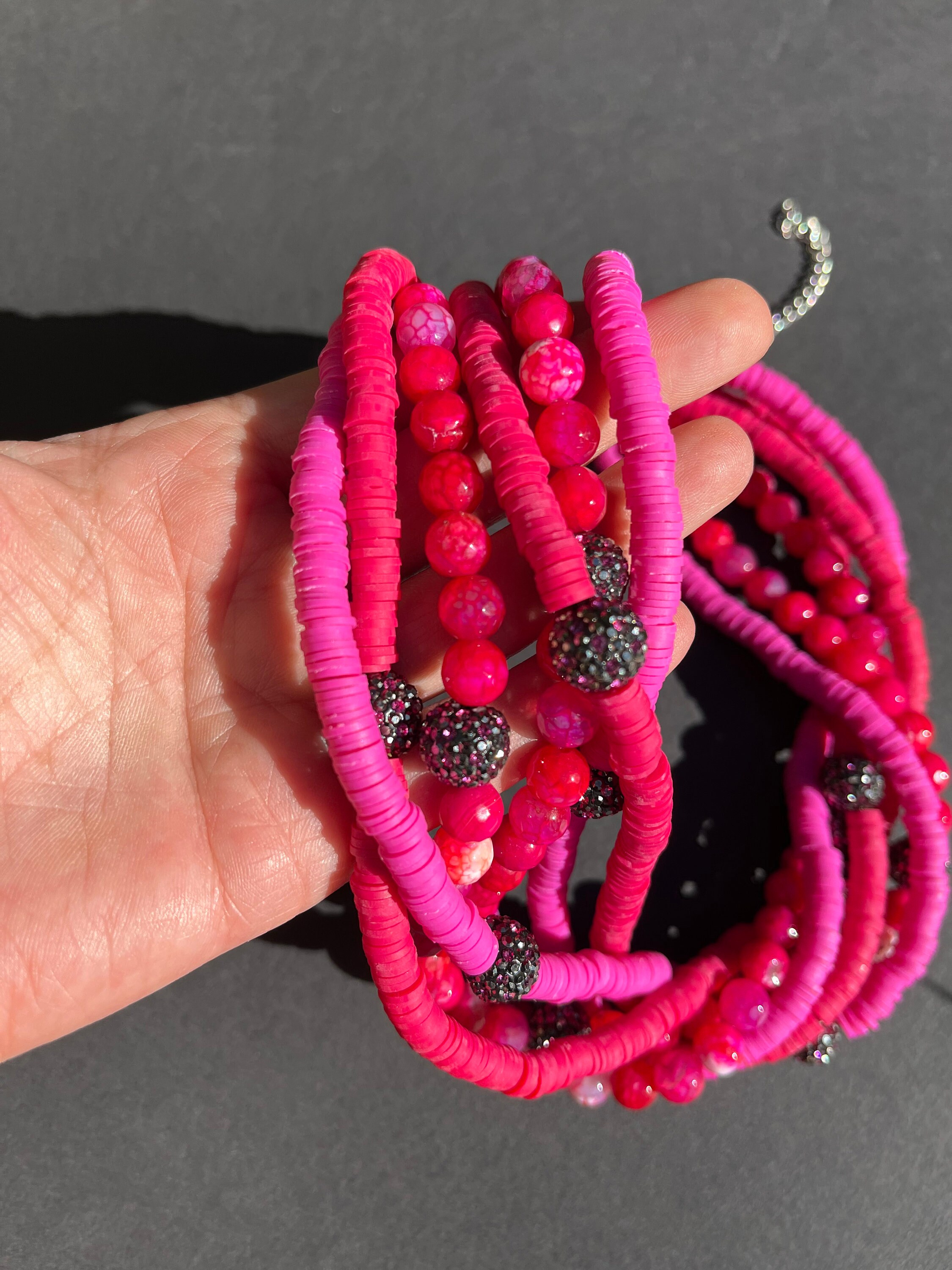 Chunky Necklace,fuchsia Agate Stone and Fimo Bead Multistrand Necklace ...