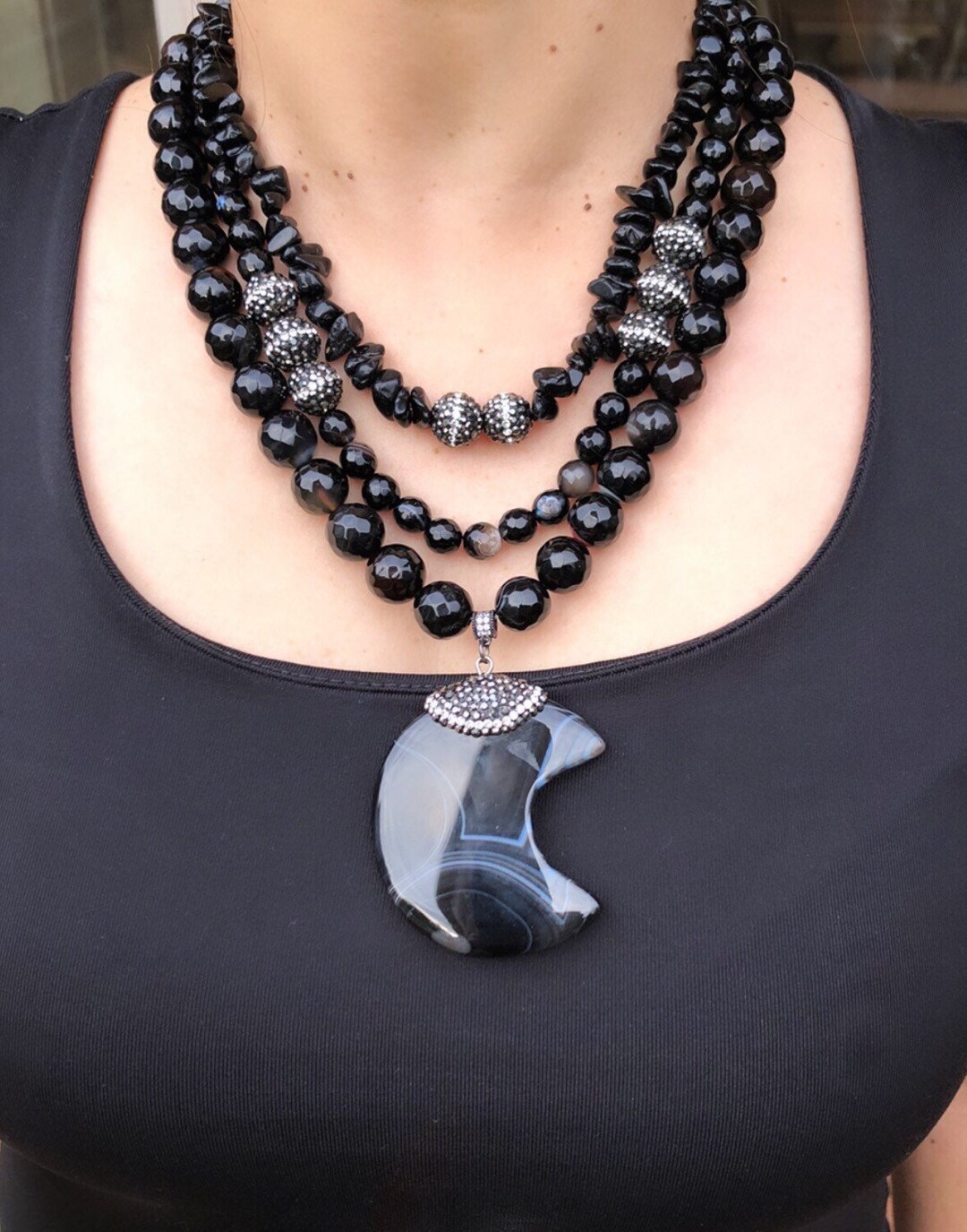 Agate Stone Big Bold Layered Necklace,rhinestone Agate Pendant,big Bole ...