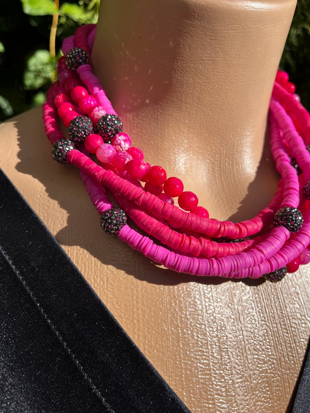 Chunky Necklace,fuchsia Agate Stone and Fimo Bead Multistrand Necklace ...