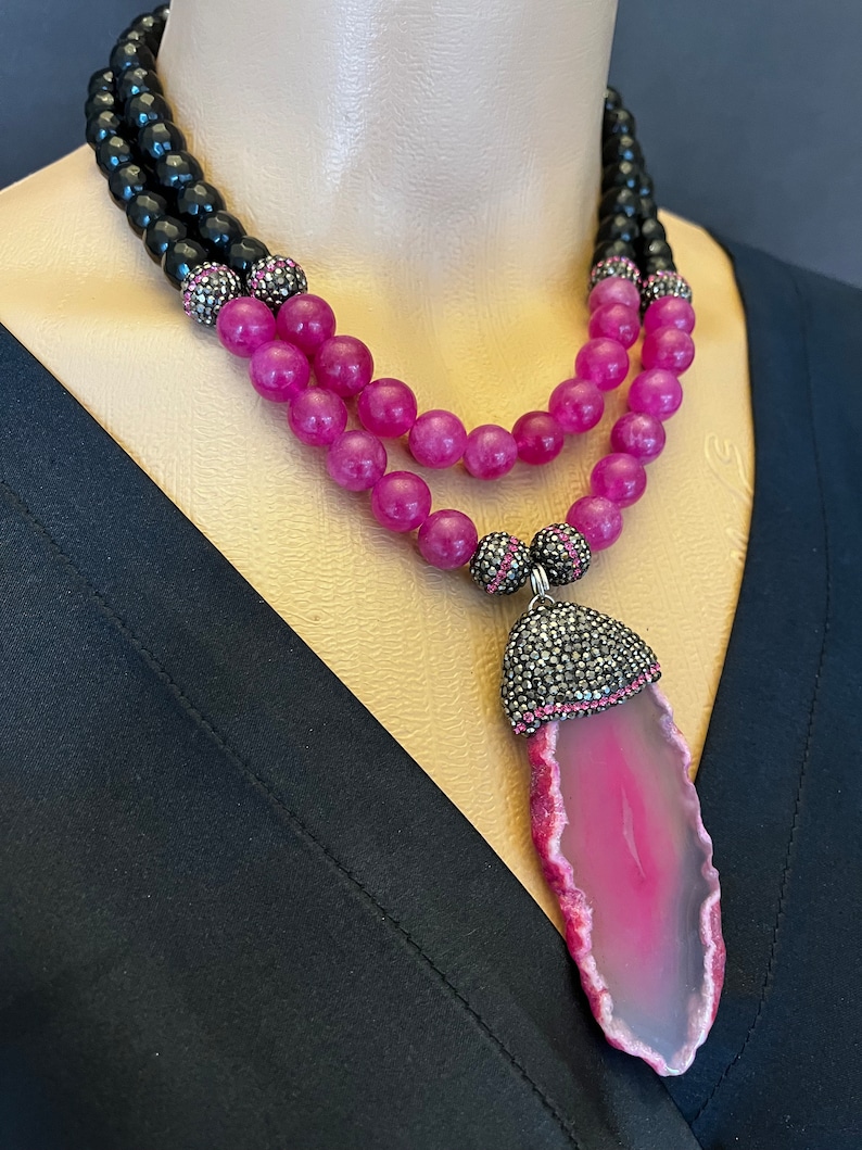 Chunky Fuchsia Jade Stone and Black Onyx Stone Necklace,oversized ...