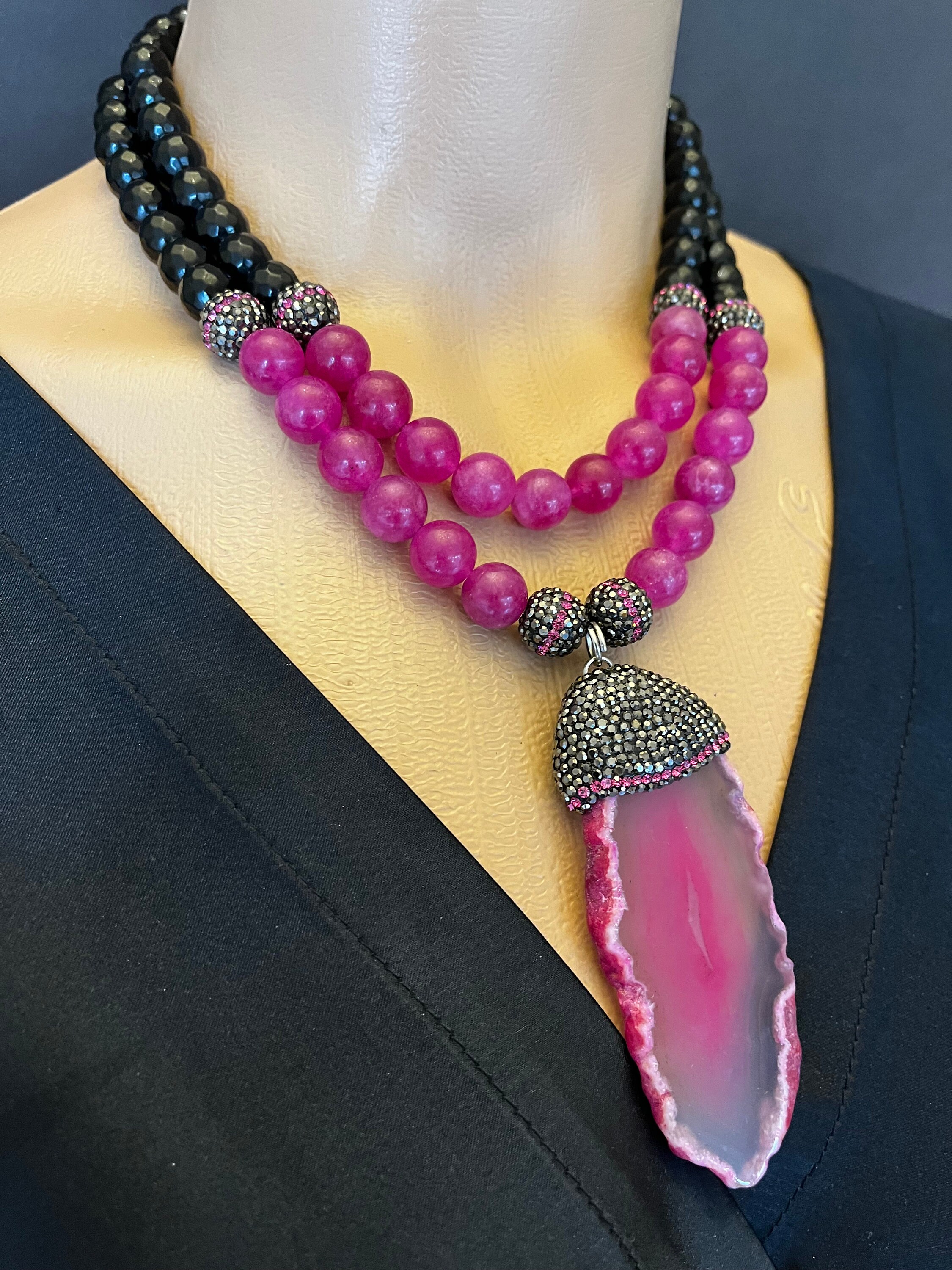 Chunky Fuchsia Jade Stone and Black Onyx Stone Necklace,oversized ...