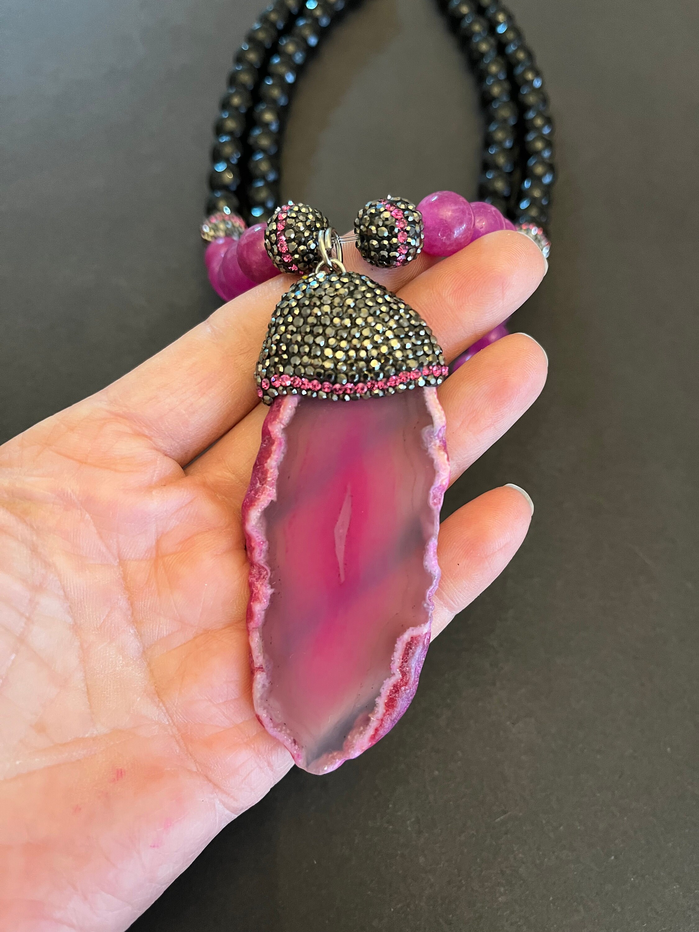 Chunky Fuchsia Jade Stone and Black Onyx Stone Necklace,oversized ...