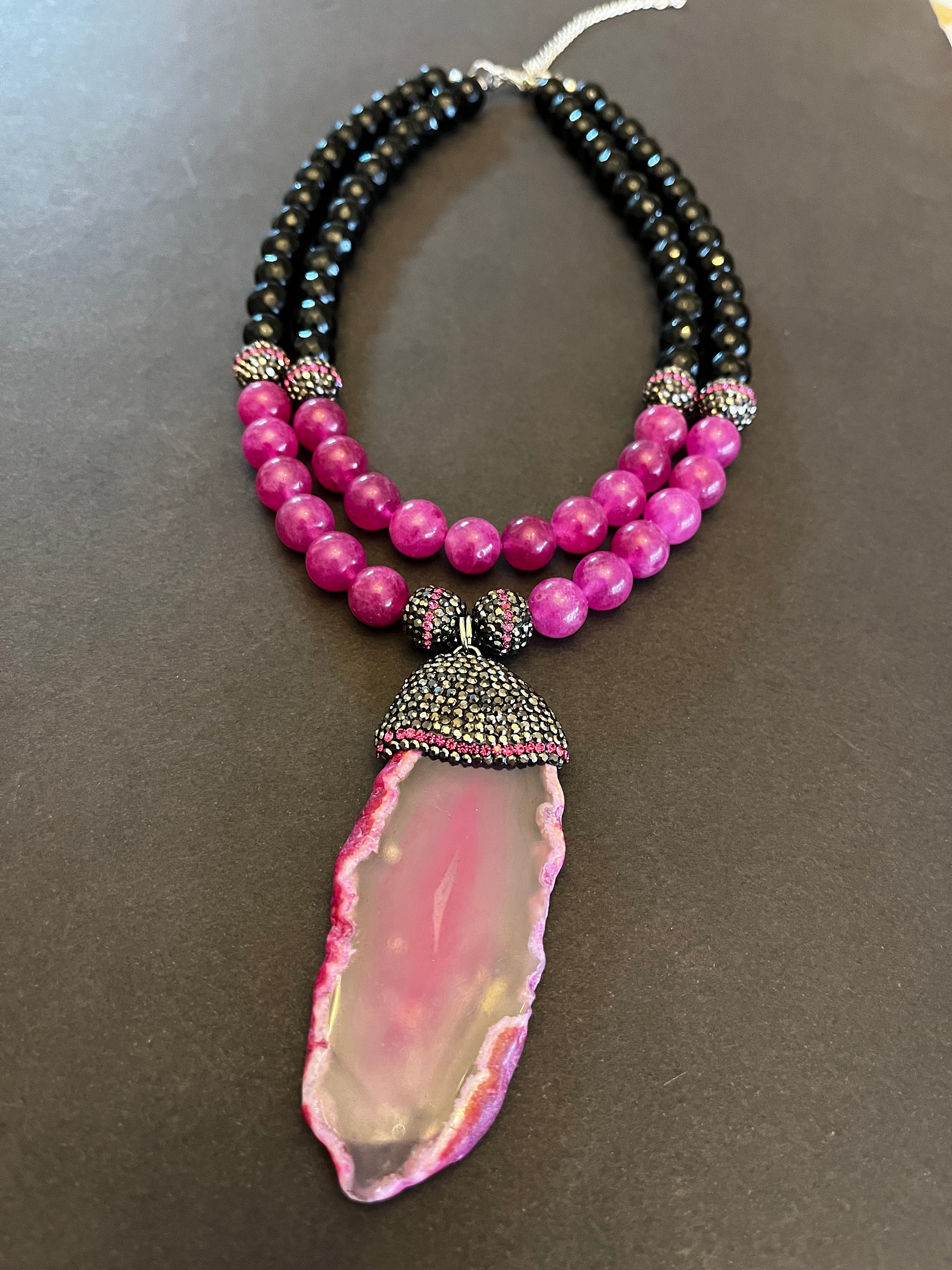 Chunky Fuchsia Jade Stone and Black Onyx Stone Necklace,oversized ...