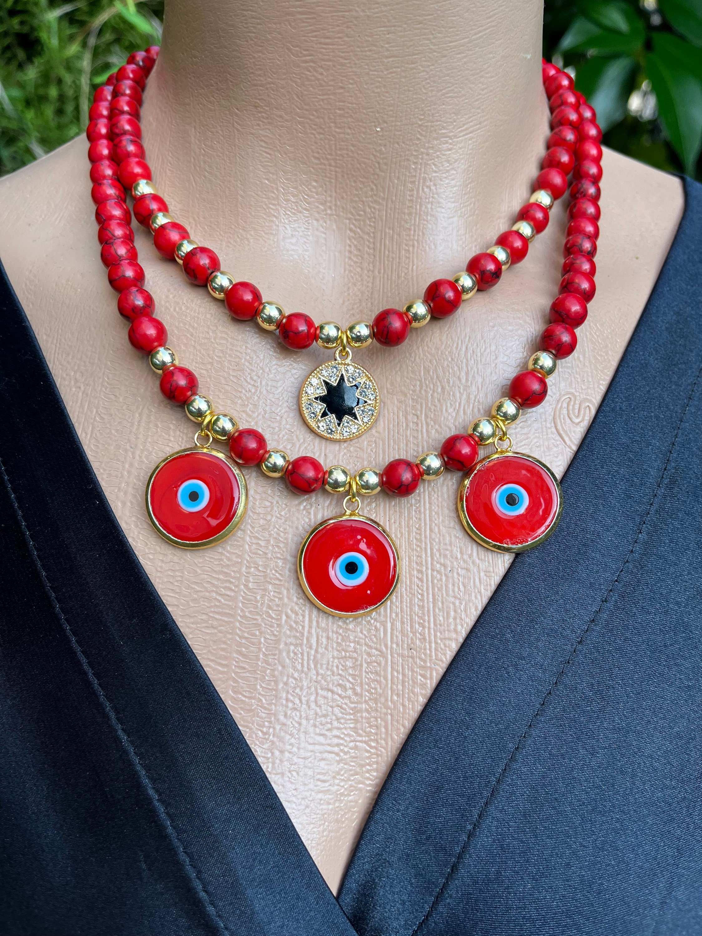 Red Howlite Stone Evil Eye Pendant Two Strand Necklace,statement ...