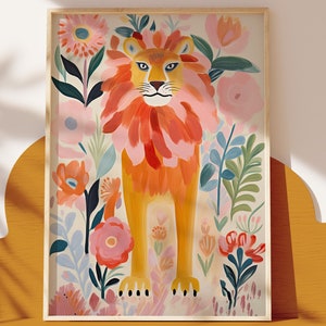 Colorful Lion Wall Art, Vibrant Floral Jungle Print, Nursery Decor ...