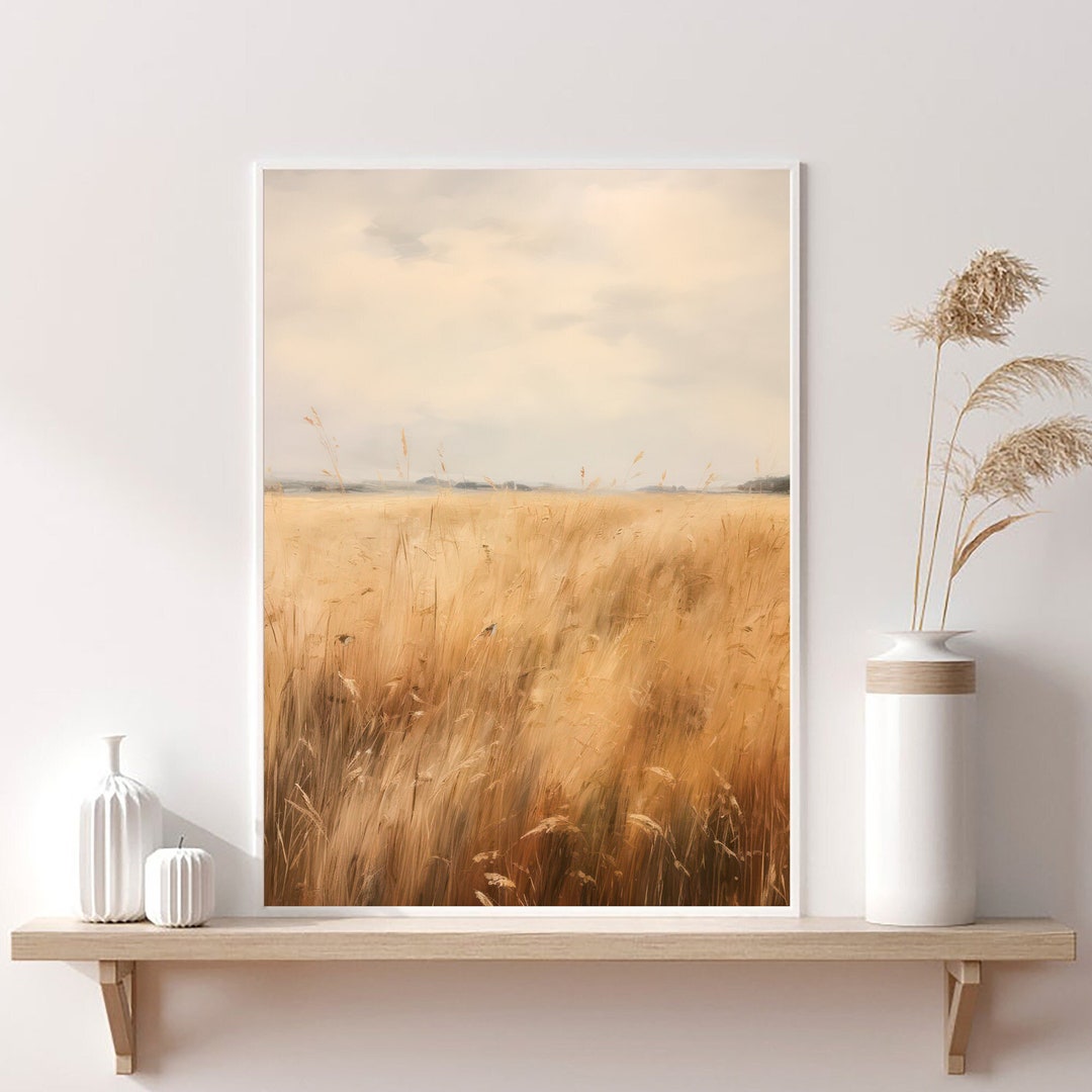 Cloudy Sky Over Wheat Field Painting Art Print, Printable Wall Art ...