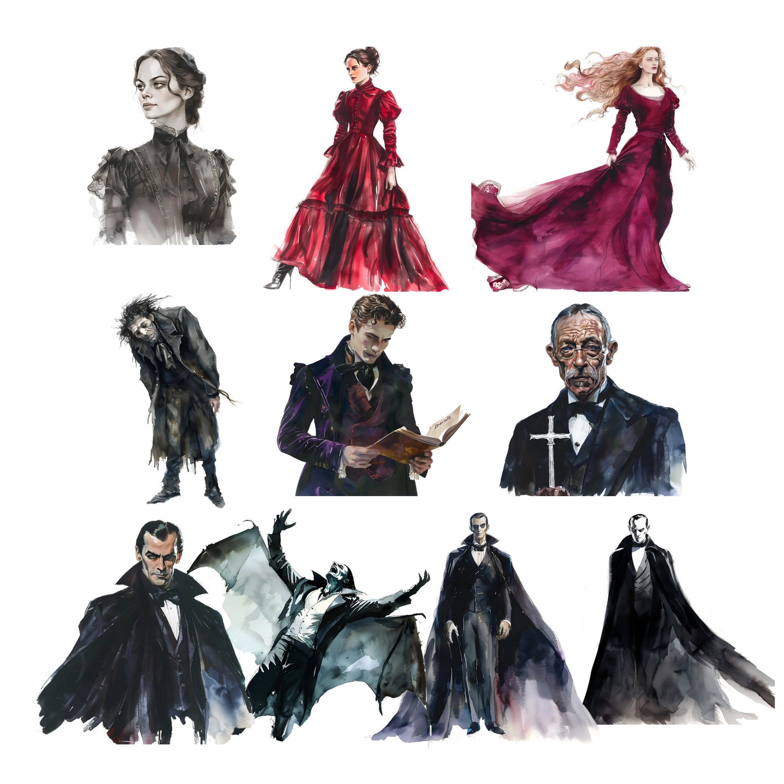 Dracula by Bram Stoker Halloween Watercolor Clipart Collection Gothic ...