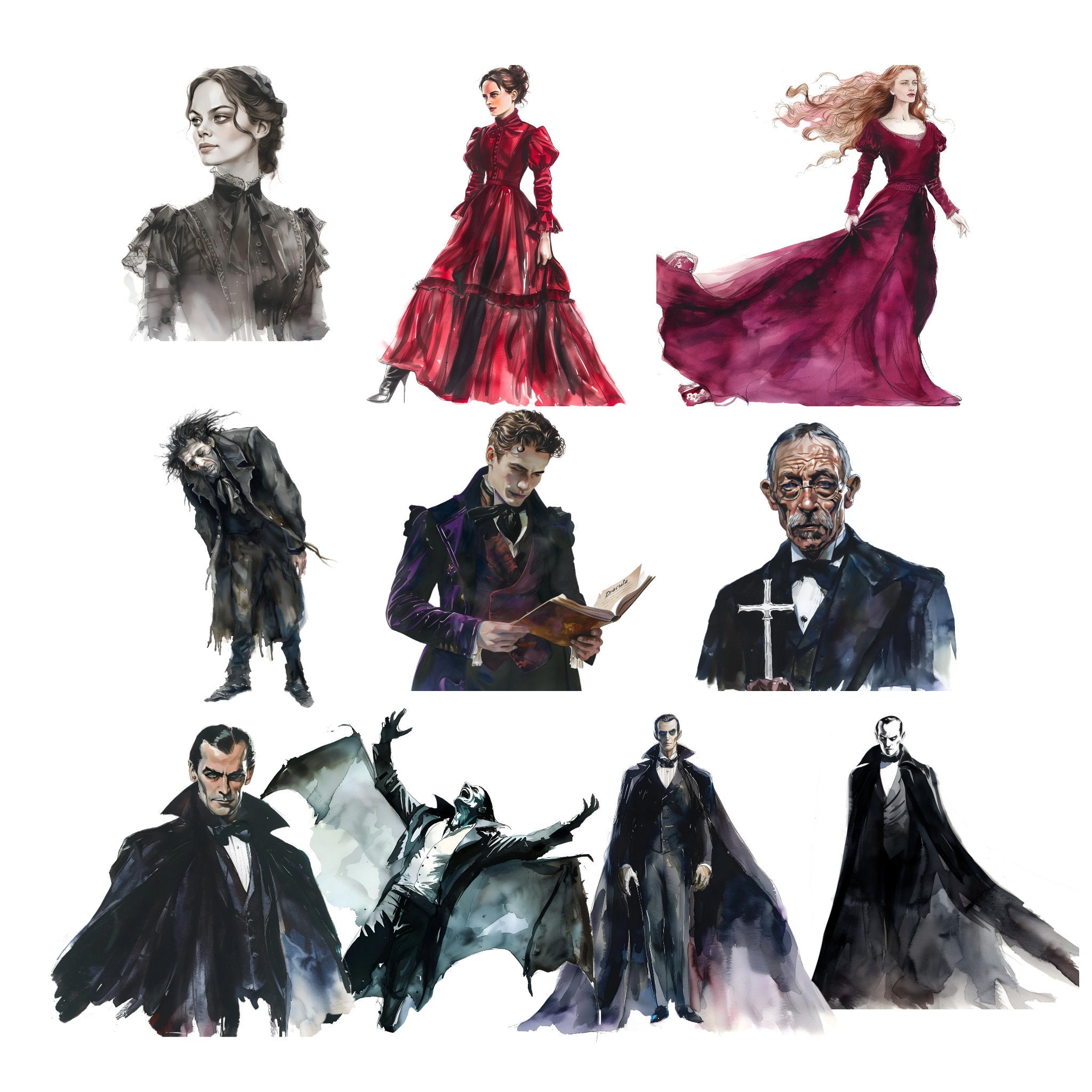 Dracula by Bram Stoker Halloween Watercolor Clipart Collection Gothic ...