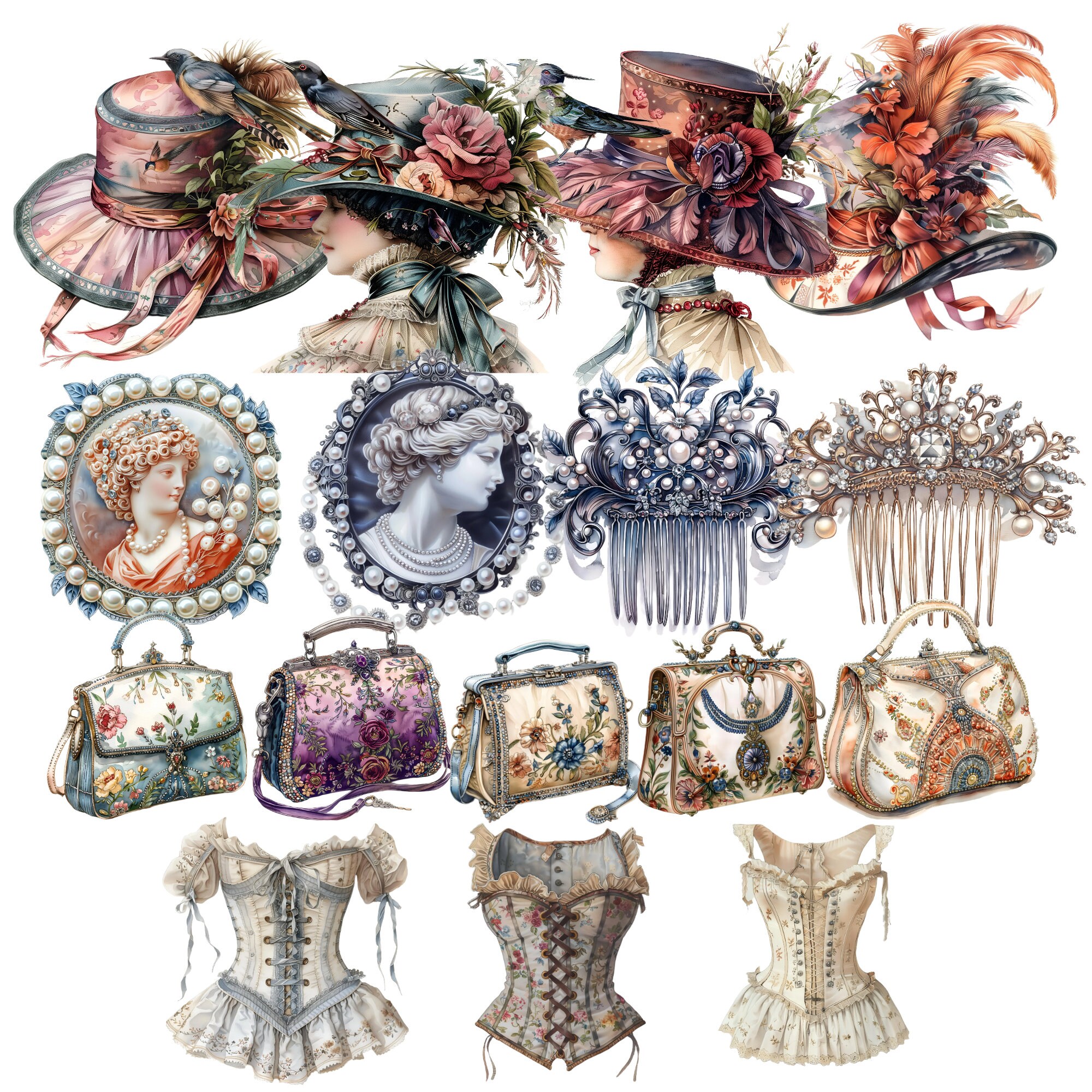 Edwardian Elegance Fashion Watercolor Clipart Set, Vintage Clothing and ...