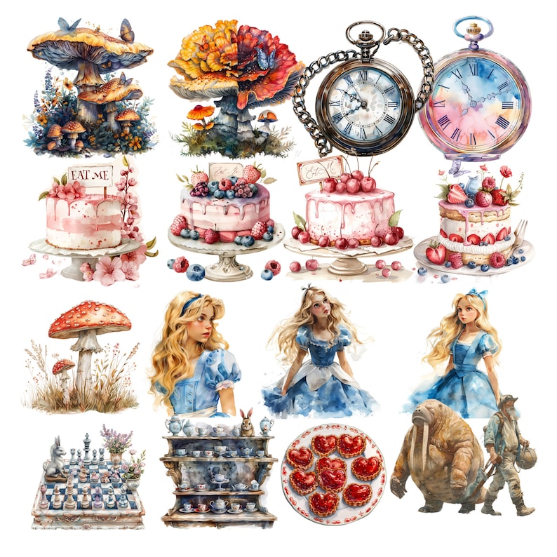 Deluxe Alice's Adventures Watercolor Clipart, Alice in Wonderland ...