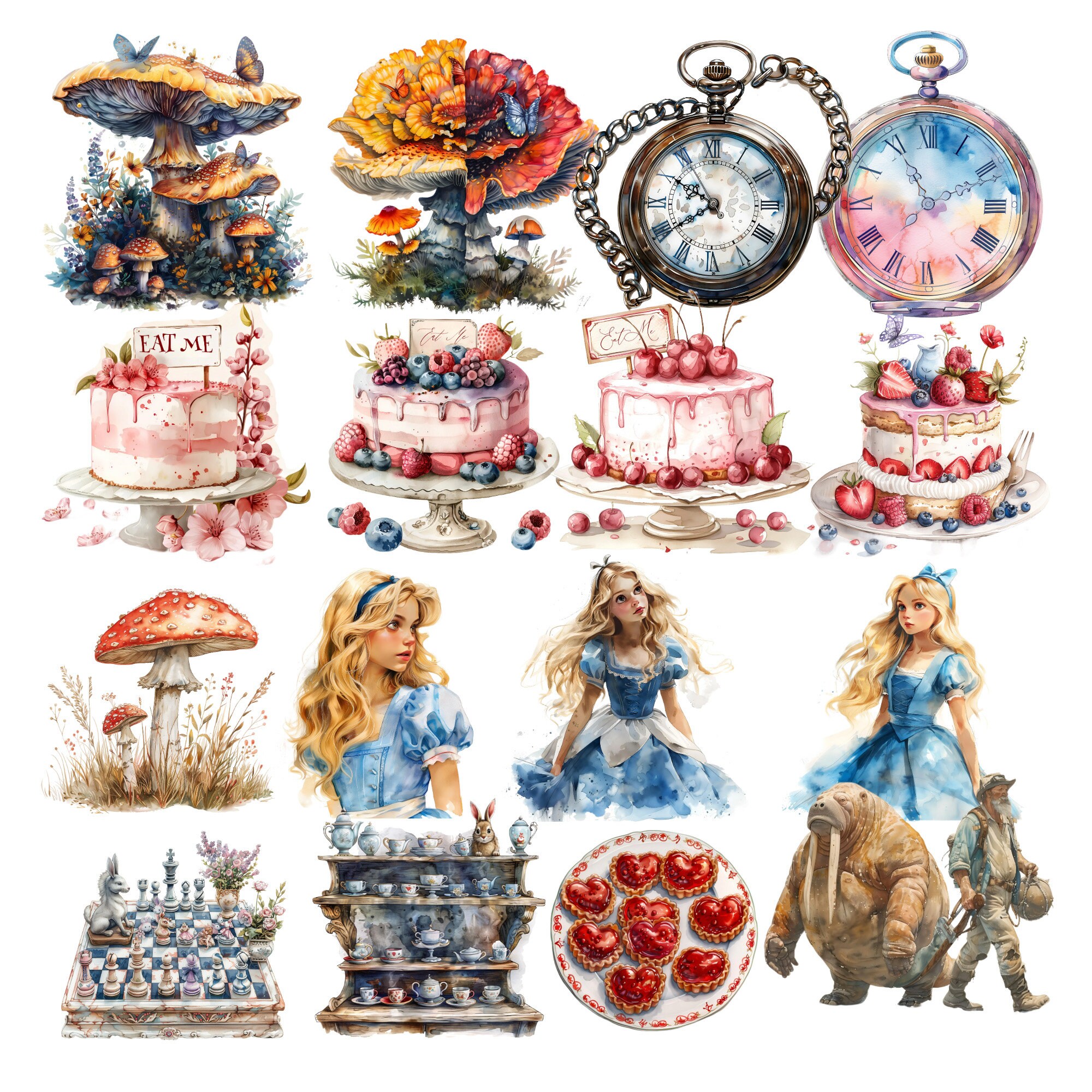 Deluxe Alice's Adventures Watercolor Clipart, Alice in Wonderland ...