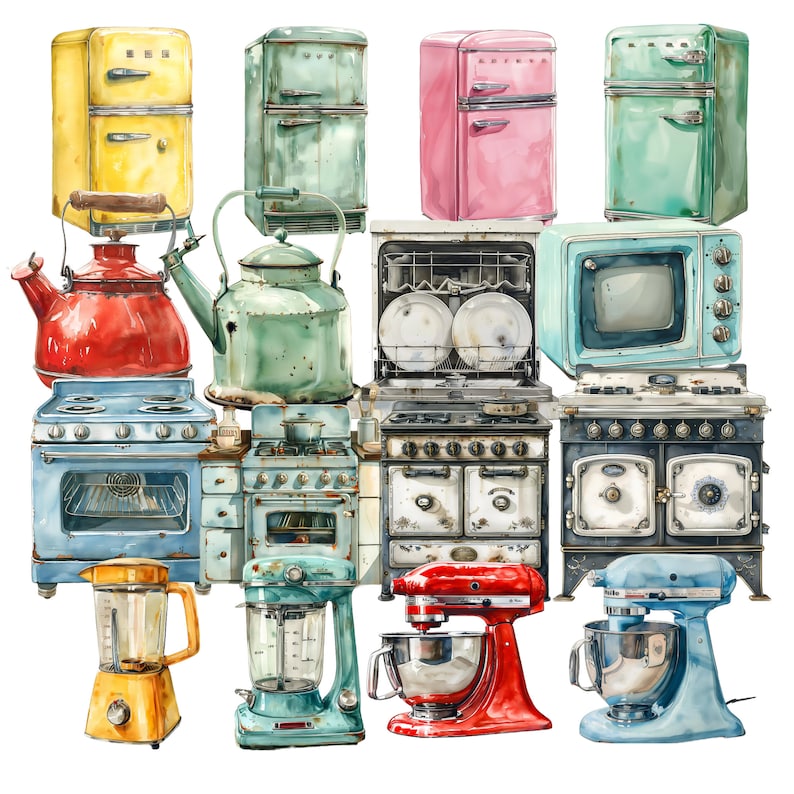 Vintage Kitchen Appliances Clipart Set, Watercolor Antique Appliances ...