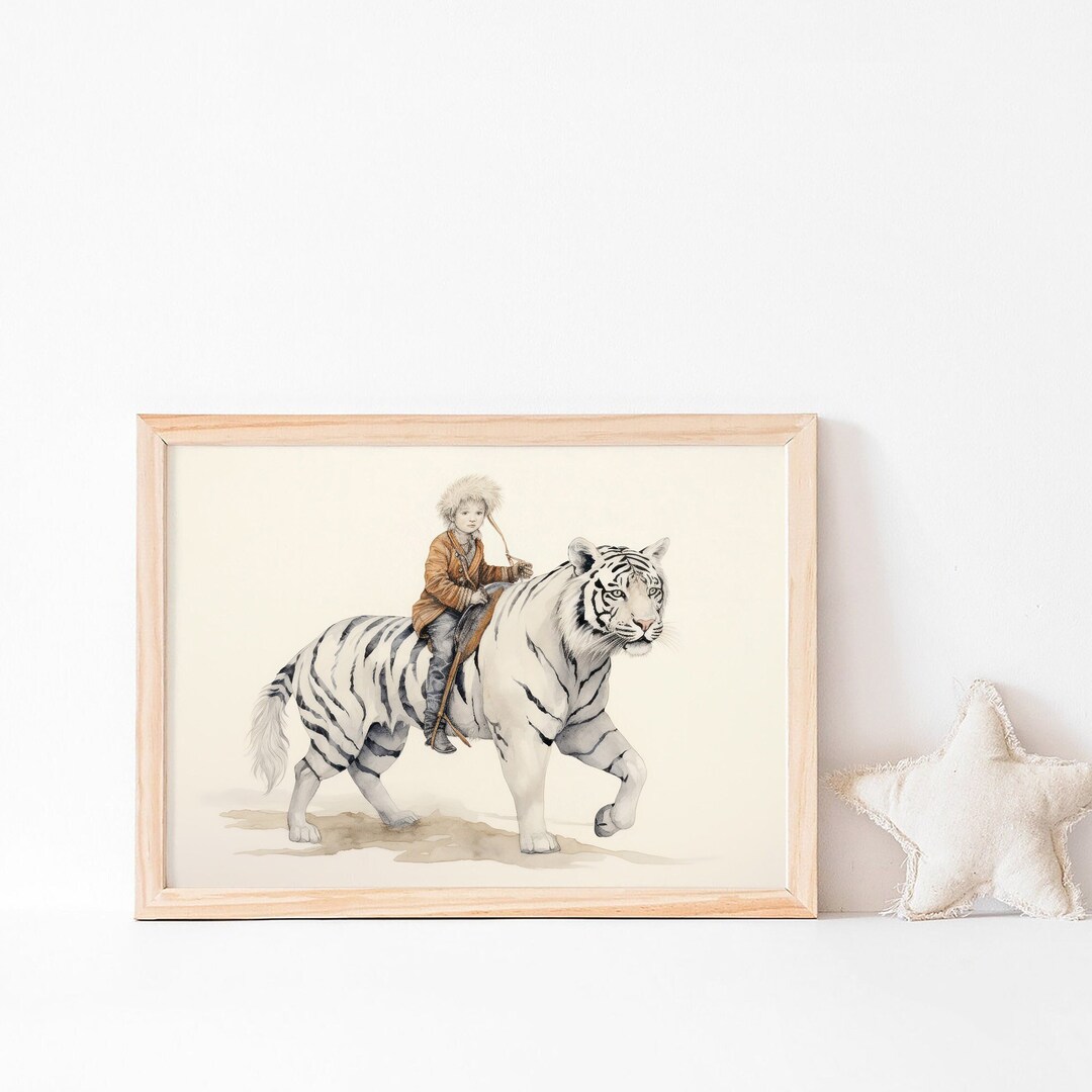 A Boy and His Tiger Friend Print, A Boy Riding A Tiger Printable Art ...
