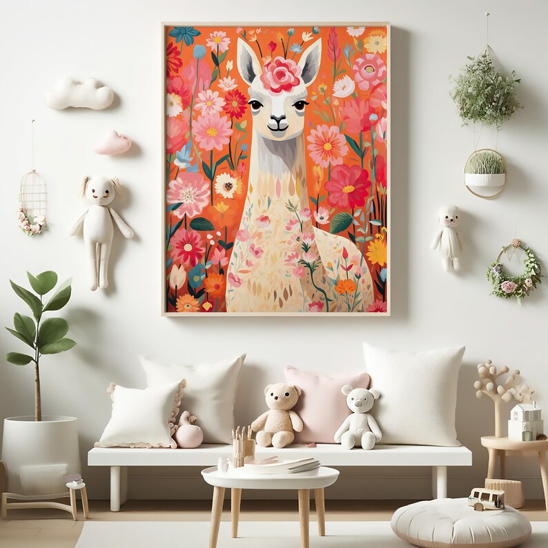 Whimsical Llama Art Print, Boho Floral Llama, Llama Printable Decor ...