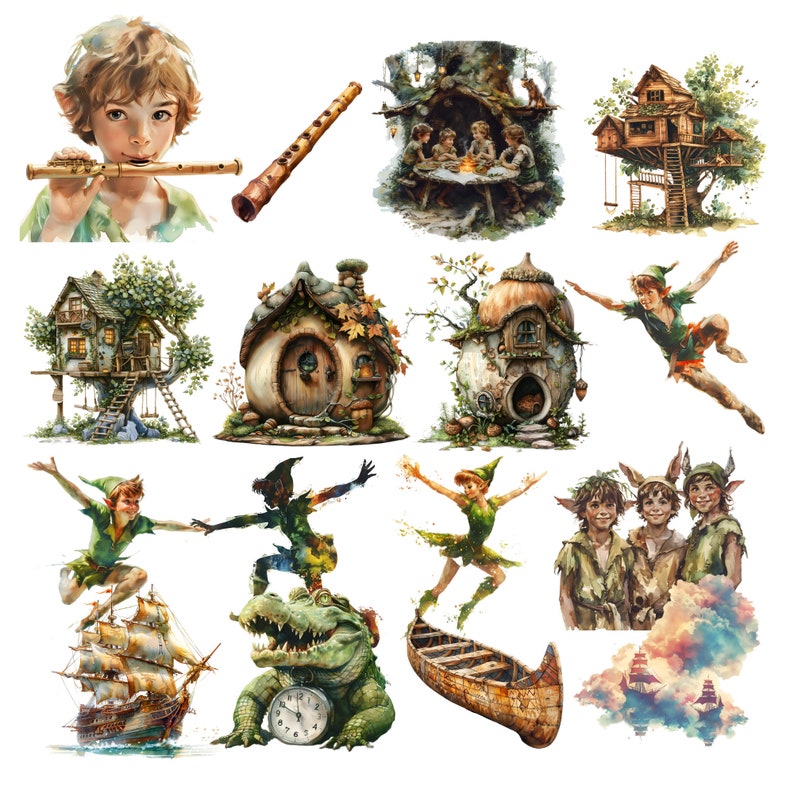 Peter Pan Watercolor Clipart, Neverland Digital Art, J M Barrie, Lost ...